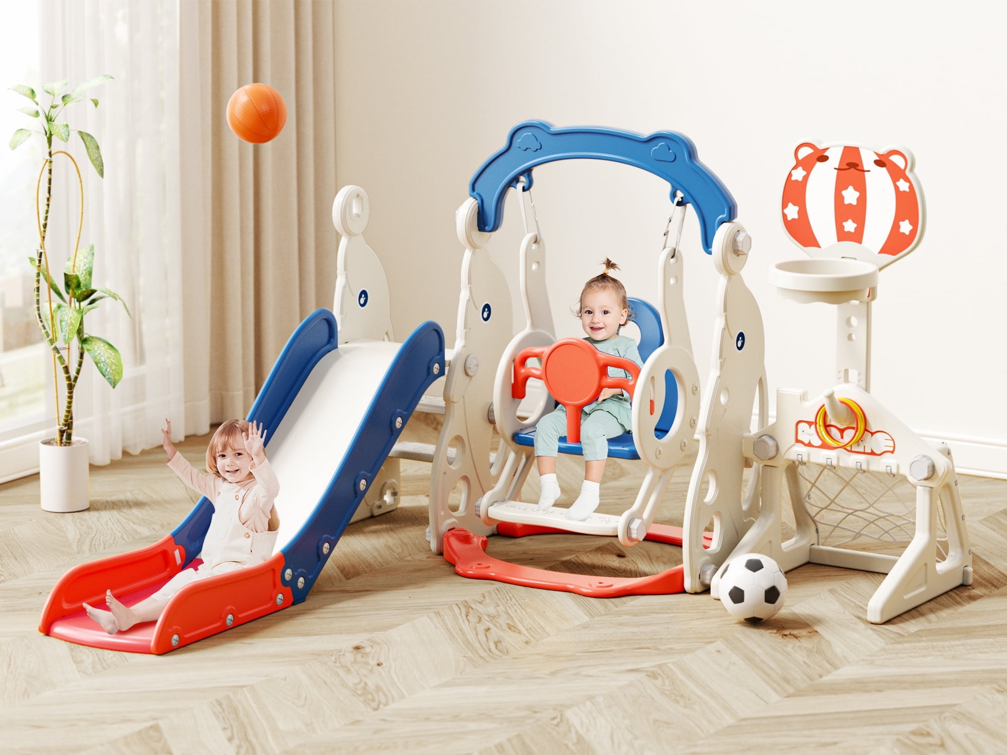 KORIMEFA 6-in-1 Kids Slide and Swing Set, Toddler Slide Playset for Age ...