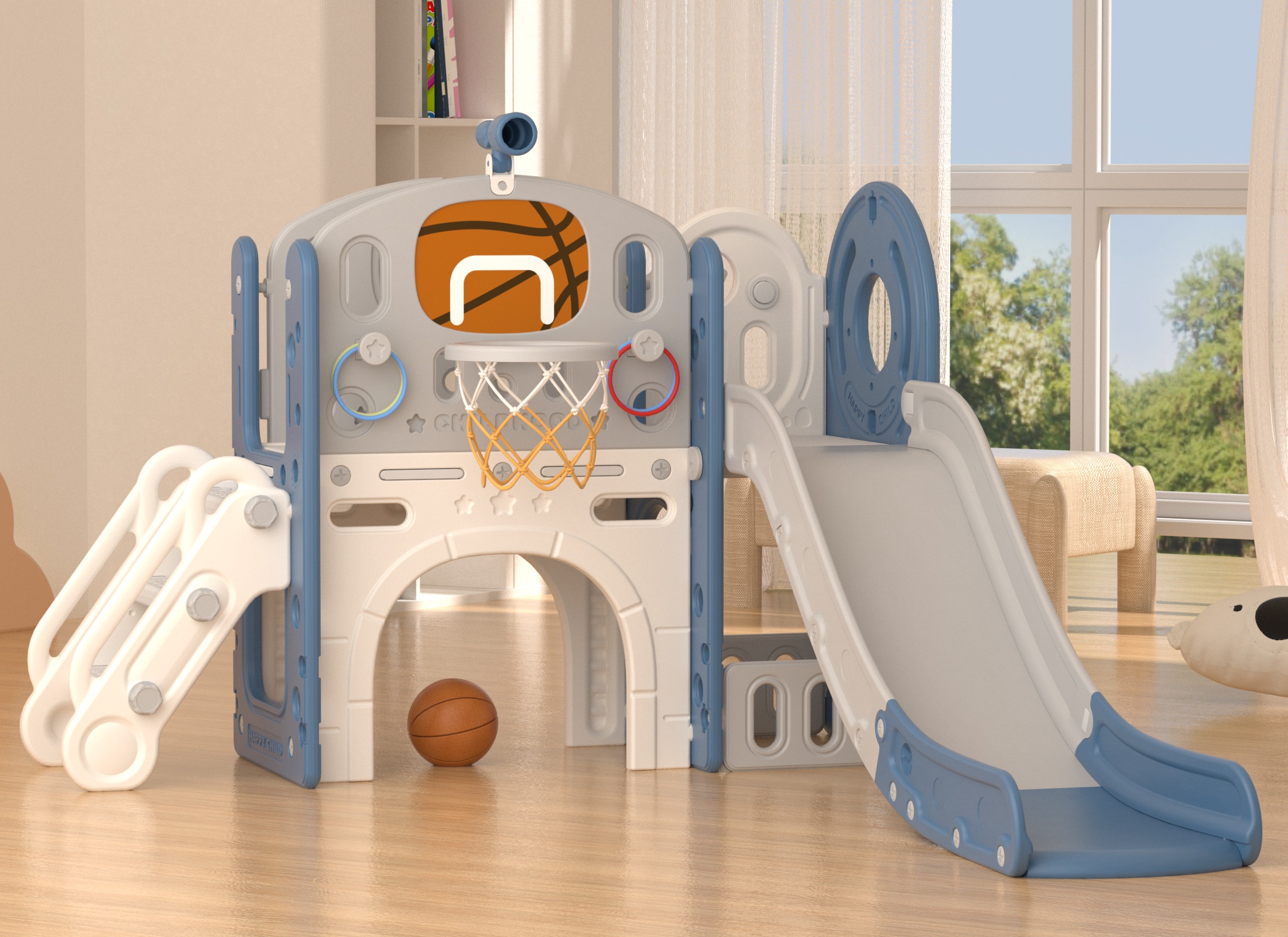 Gymax 2-Step Children Castle Slide Basketball Hoop and Telescope Toy ...
