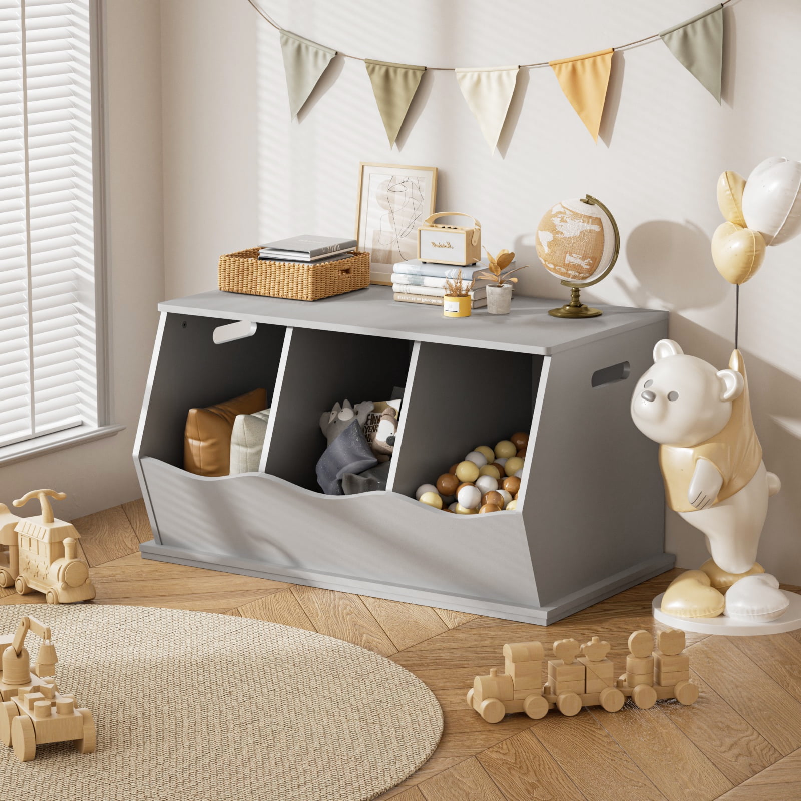 KORIMEFA Toy Storage Cubby, Kids Bookshelf, Stackable 3 Bin Toy ...