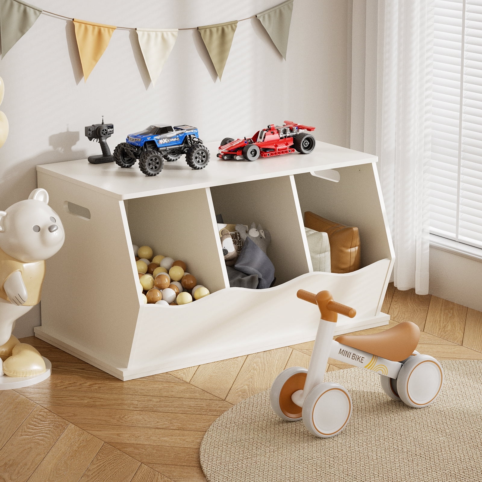 KORIMEFA Kids Bookshelf, Toy Storage Cubby, Stackable 3 Bin Toy ...