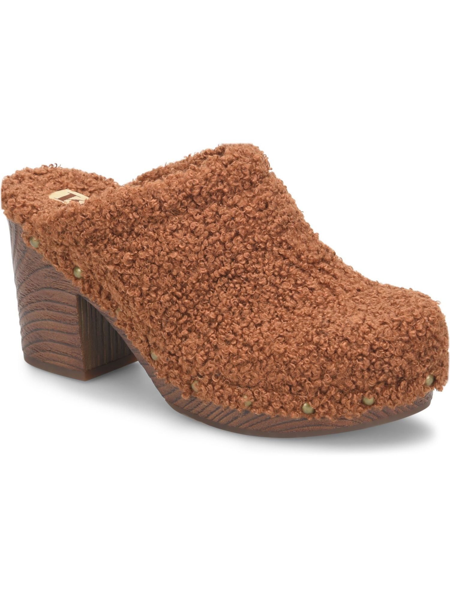 KORKS Womens Brown Studded Teddy Round Toe Block Heel Slip On Clogs ...