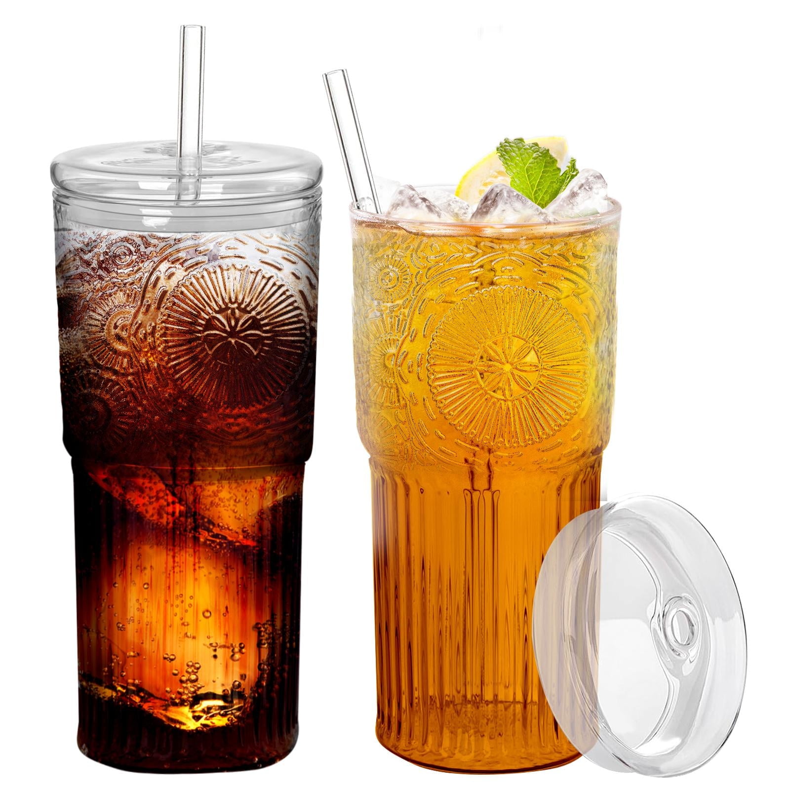 KORSMALL Glass Cups with Lids and Glass Straws, 20OZ Iced Coffee Cups ...
