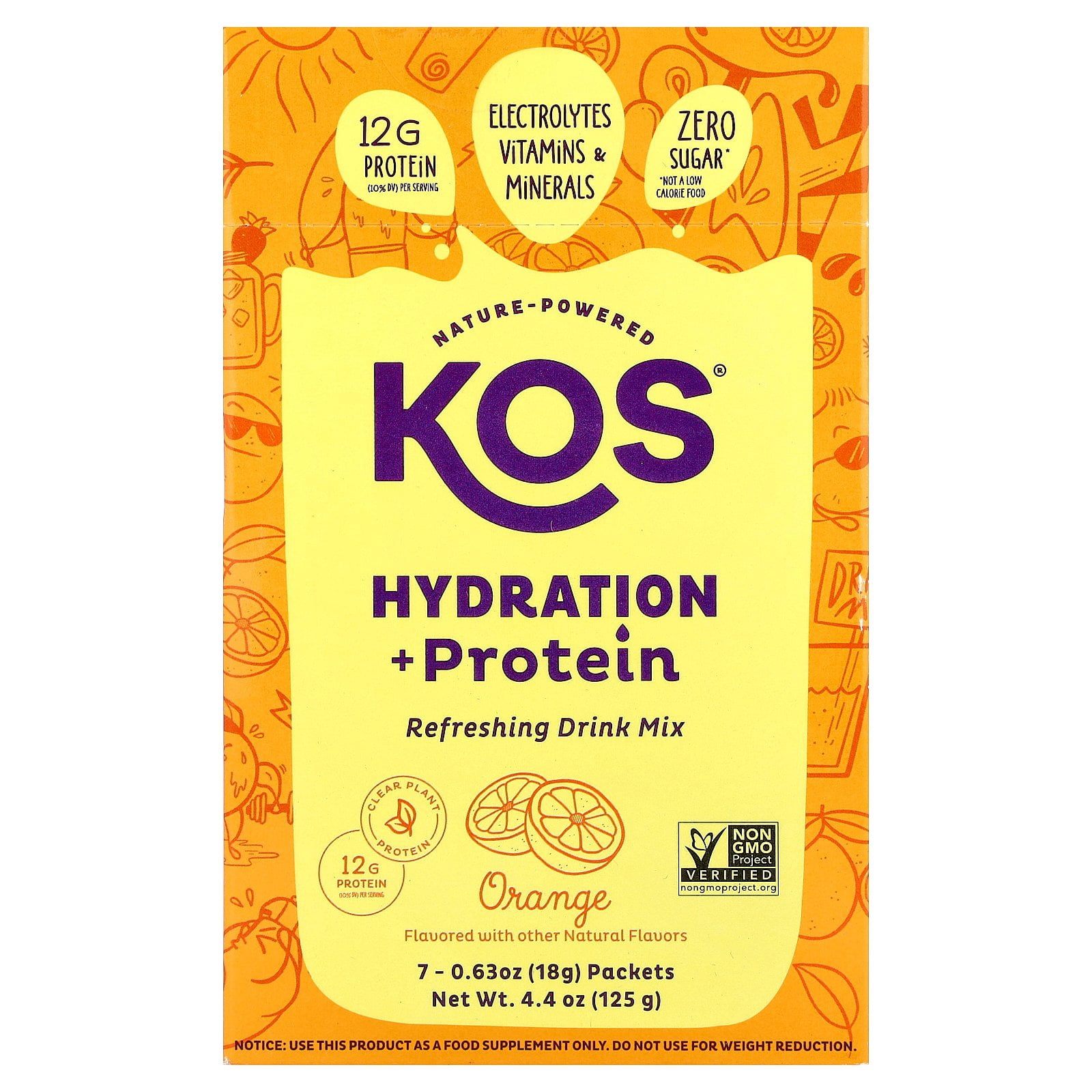 KOS Hydration + Protein, Refreshing Drink Mix, Orange , 7 Packets, 0.65 ...