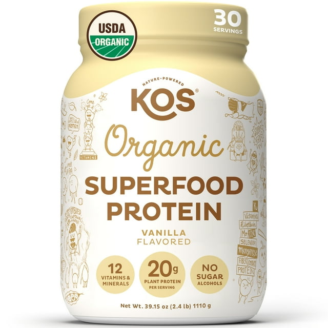 KOS Vegan Organic Plant Based Protein Powder, Vanilla Flavor, Dairy ...