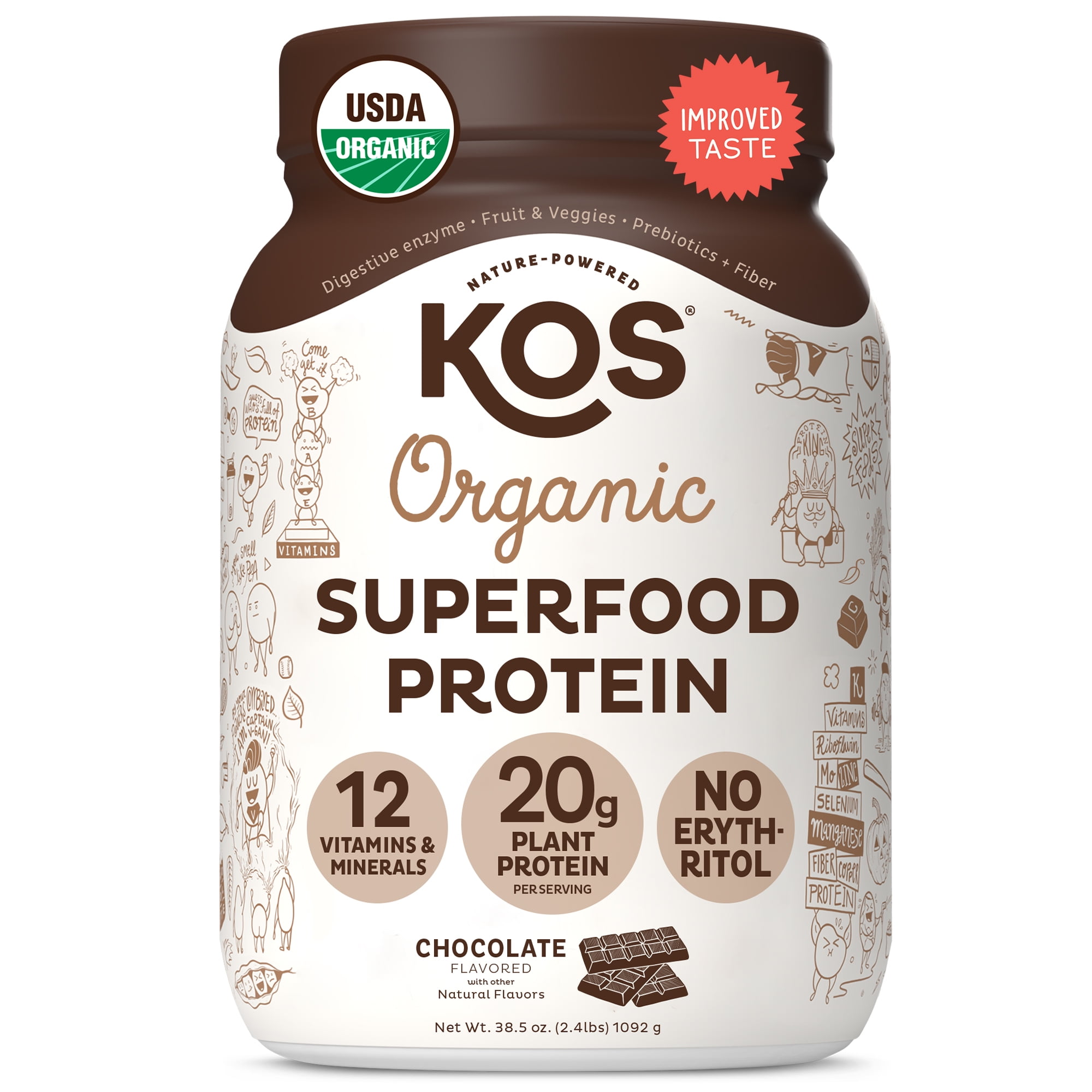 KOS Vegan Protein Powder Erythritol Free, Chocolate - Organic Pea ...