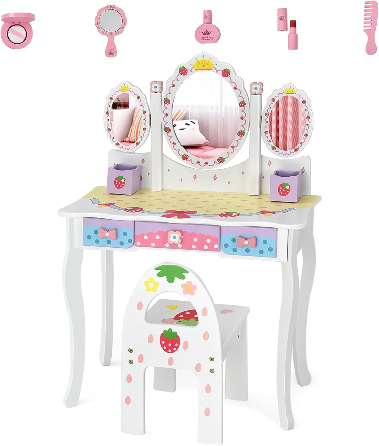 KOTEK 2-in-1 Kids Vanity Desk, Girls Vanity Set with Tri-Folding Mirror ...