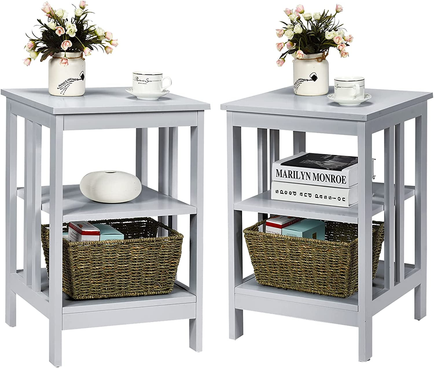 KOTEK 3-Tier Nightstand Set of 2, Wooden Sofa Side Table with Storage ...