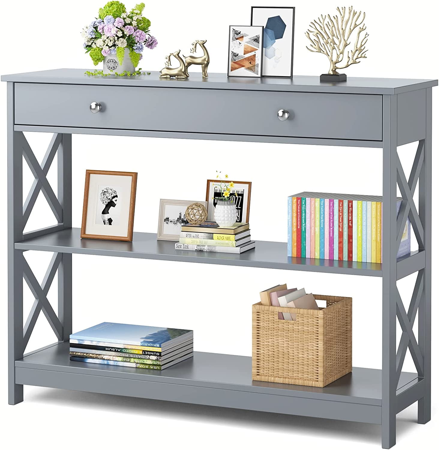 KOTEK Console Table with Drawer and Storage Shelves, Narrow Sofa Table ...