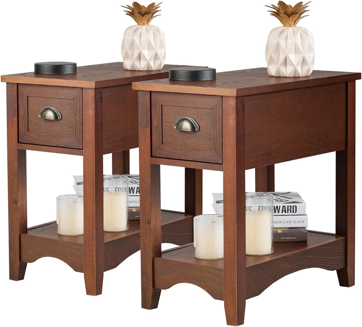 KOTEK End Table with Drawer and Open Shelf, Retro Narrow Side Table ...