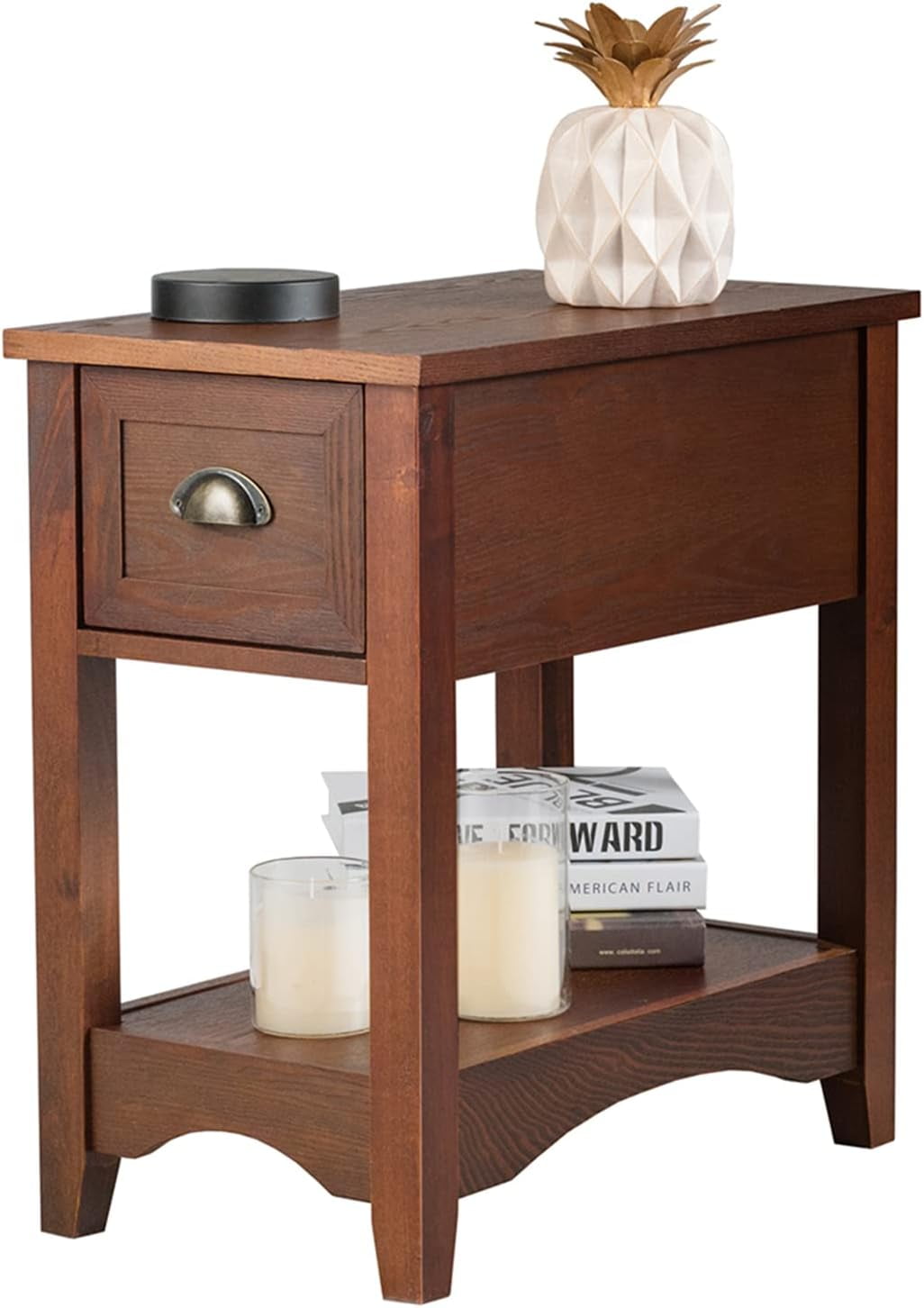 KOTEK End Table with Drawer and Open Shelf, Retro Narrow Side Table ...