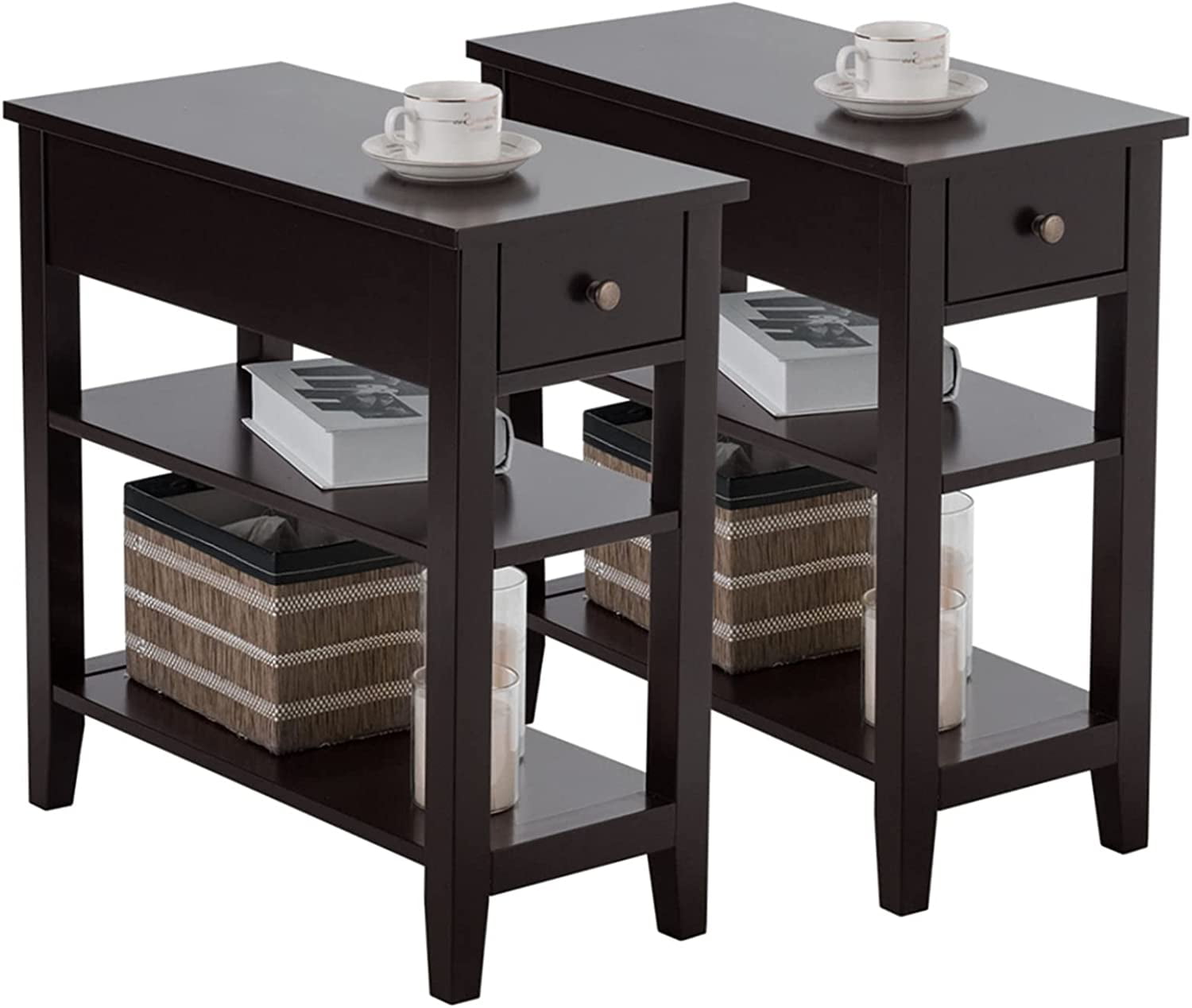KOTEK End Table Set of 2 with Drawer and Open Storage Shelf, Narrow ...