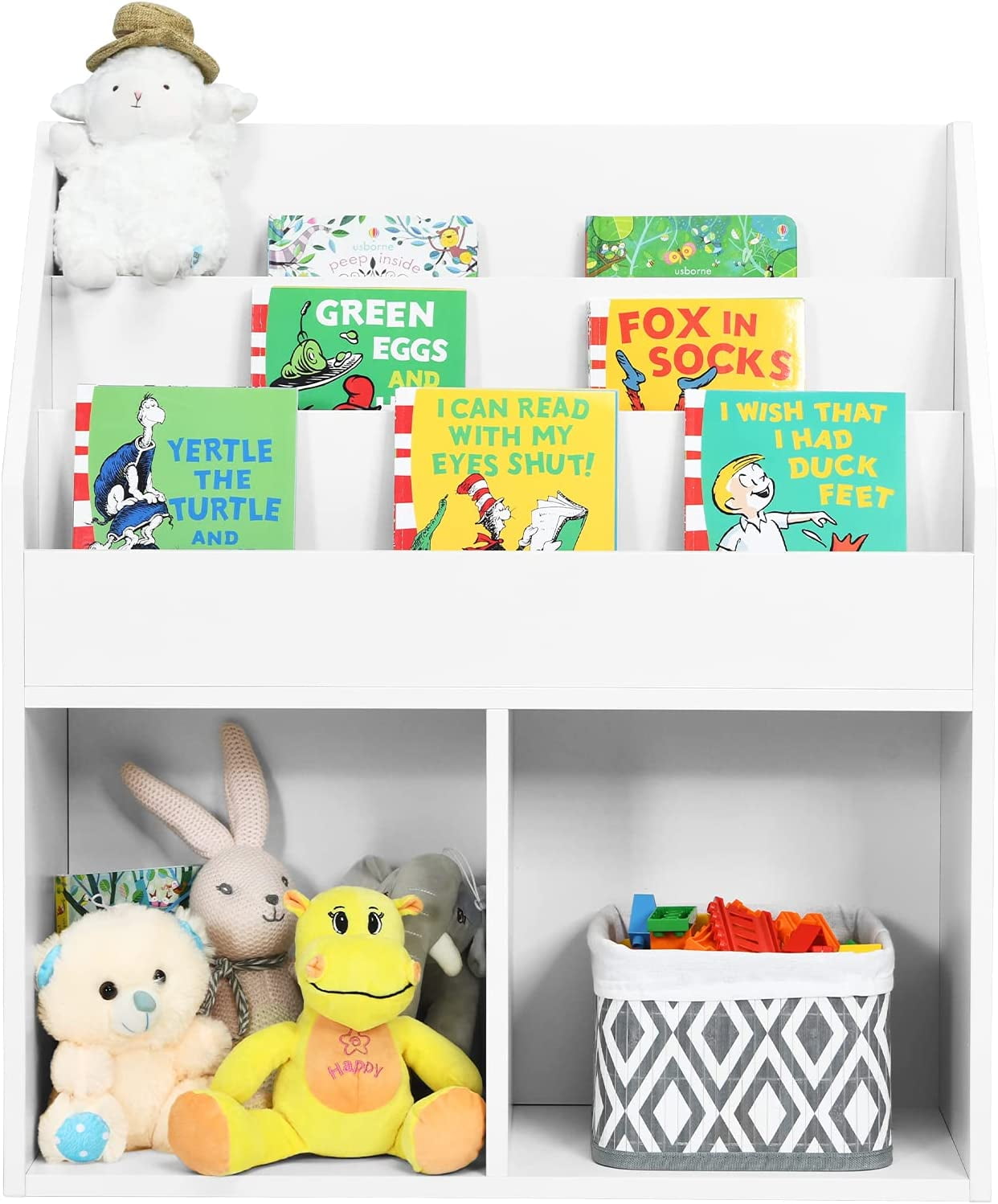 KOTEK Kids Bookshelf with Toy Storage Organizer, Children Bookcase w/ 3 ...