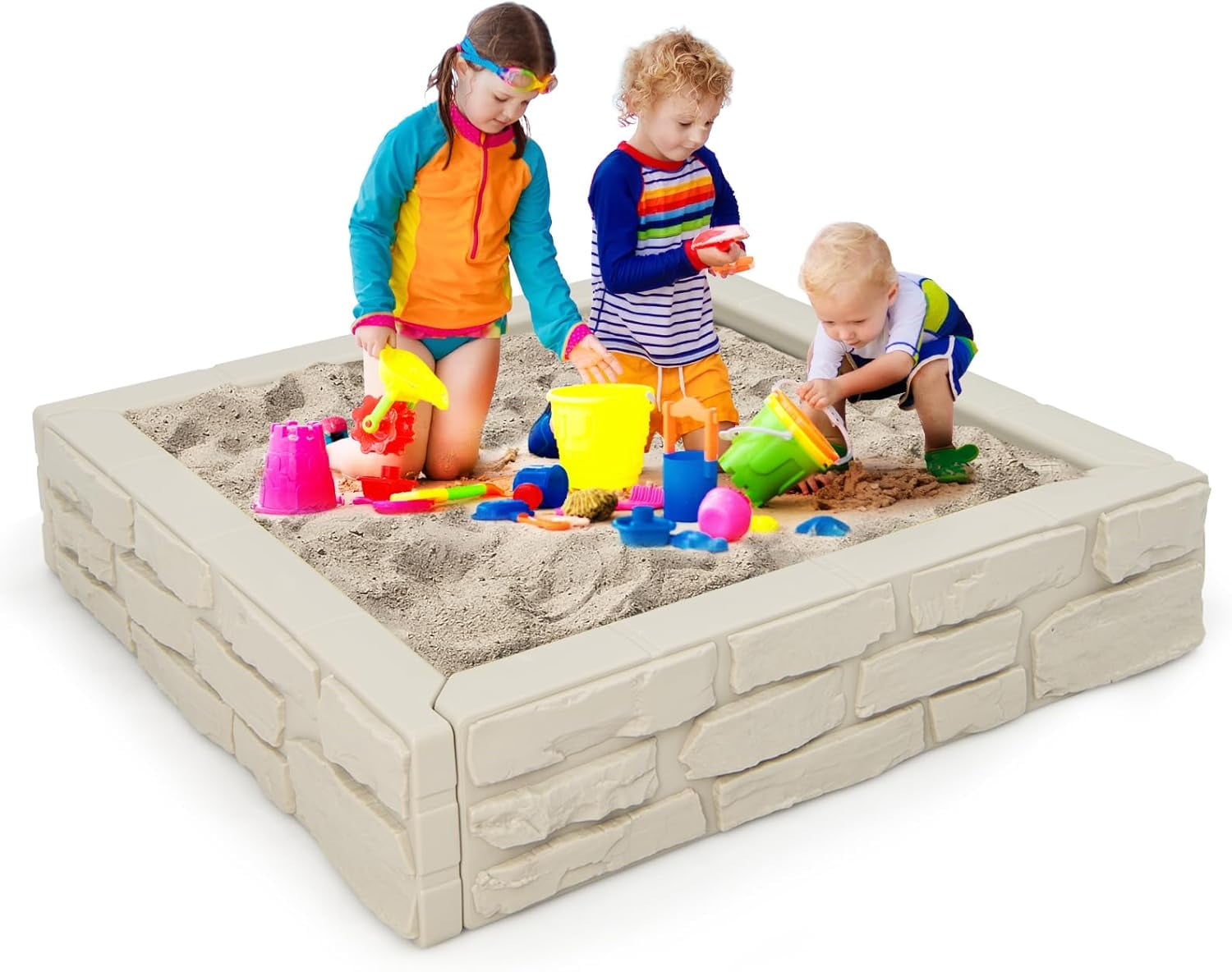 KOTEK Kids Sandbox with Cover, 47x47 Inch HDPE Sand Pit, Brick-Textured ...