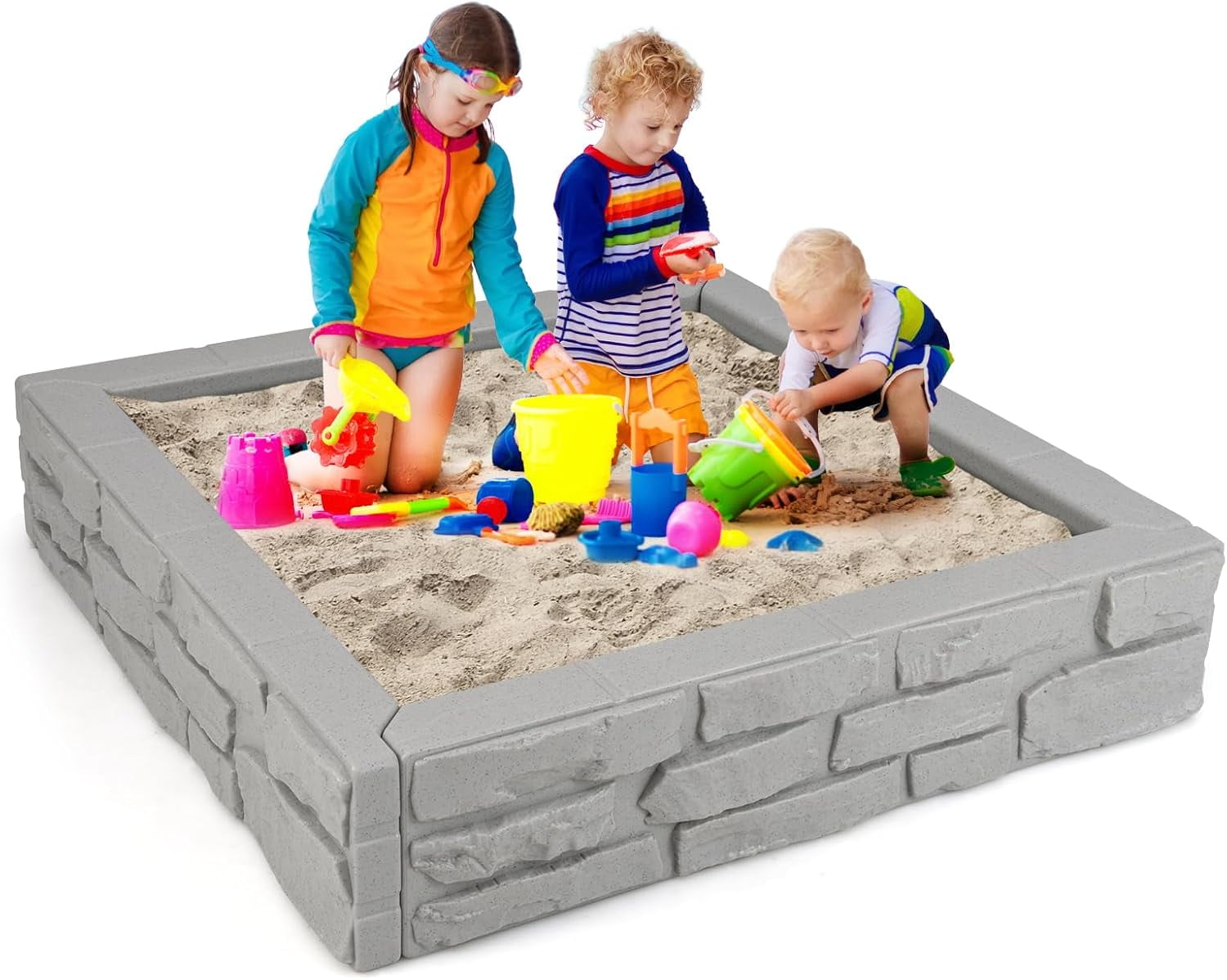 KOTEK Kids Sandbox with Cover, HDPE Sand Pit, Brick-Textured Design ...