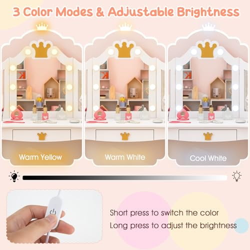 KOTEK Kids Vanity with Lights, Crown Girls Vanity Set w/Tri-Folding ...