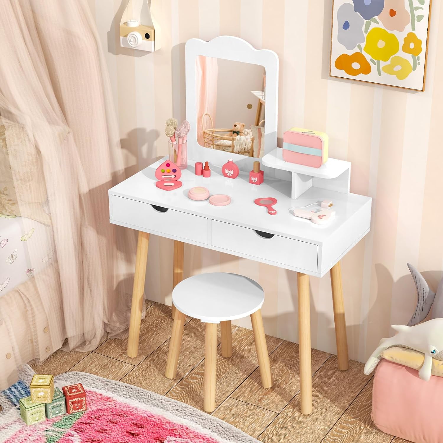 KOTEK Kids Vanity with Mirror and Stool, Makeup Vanity Dressing Table ...