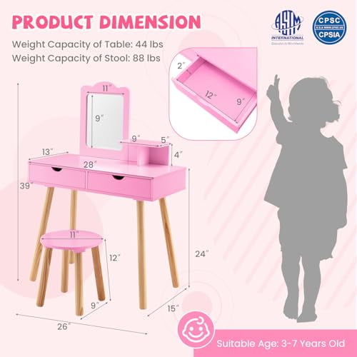 KOTEK Kids Vanity with Mirror and Stool, Princess Makeup Vanity ...