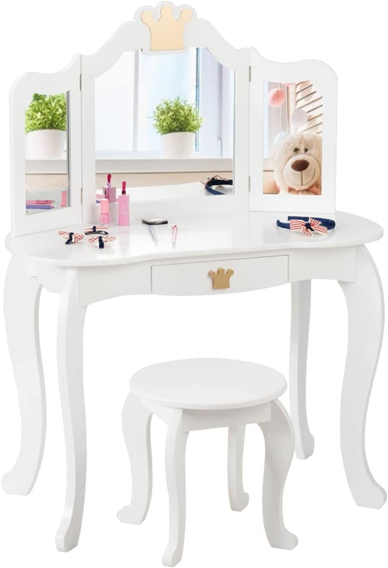 KOTEK Kids Vanity Set w/Tri-Folding Mirror, Princess Makeup Dressing ...