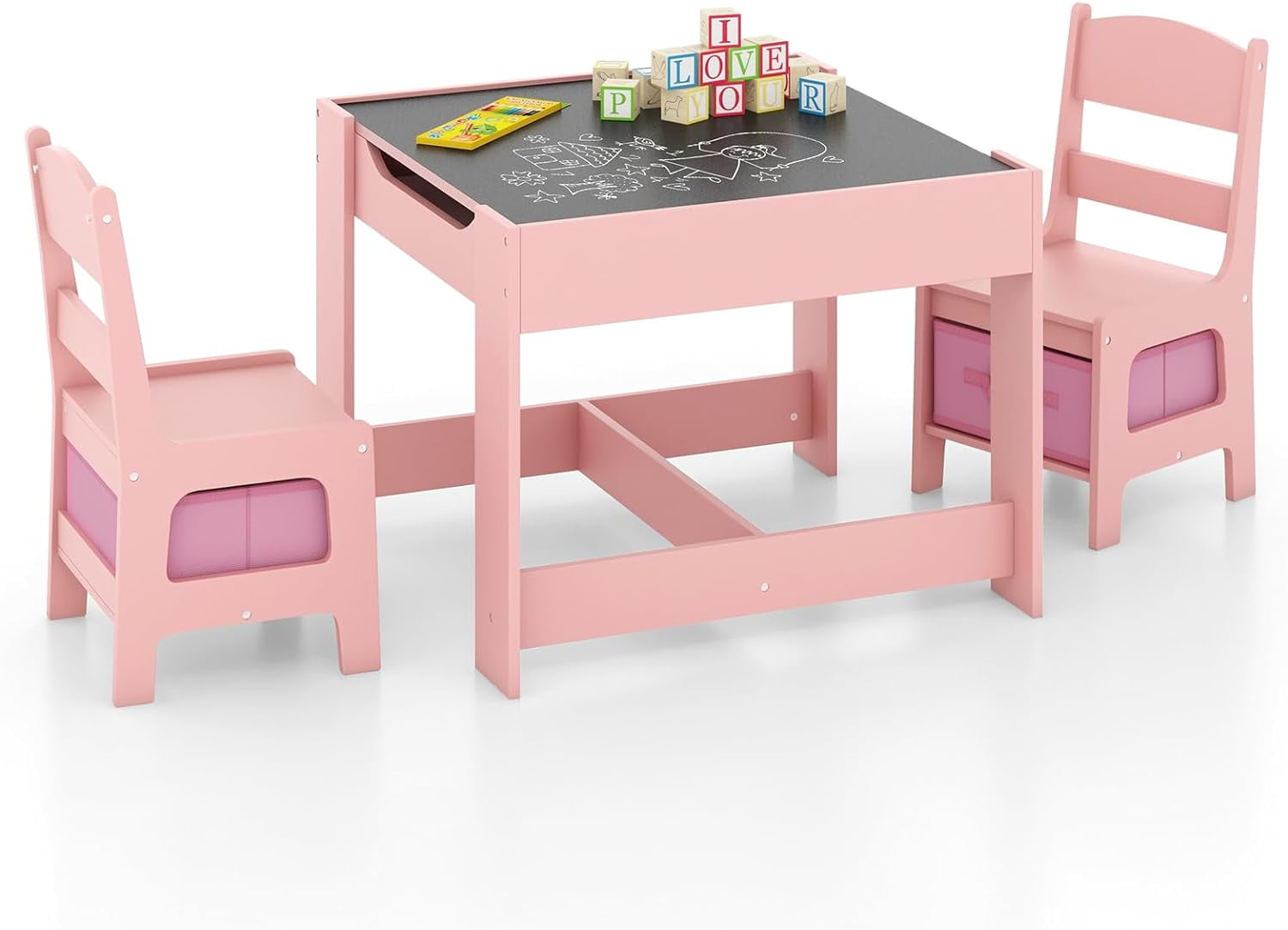 KOTEK Kids Wood Table and 2 Chairs Set with Blackboard & Storage ...