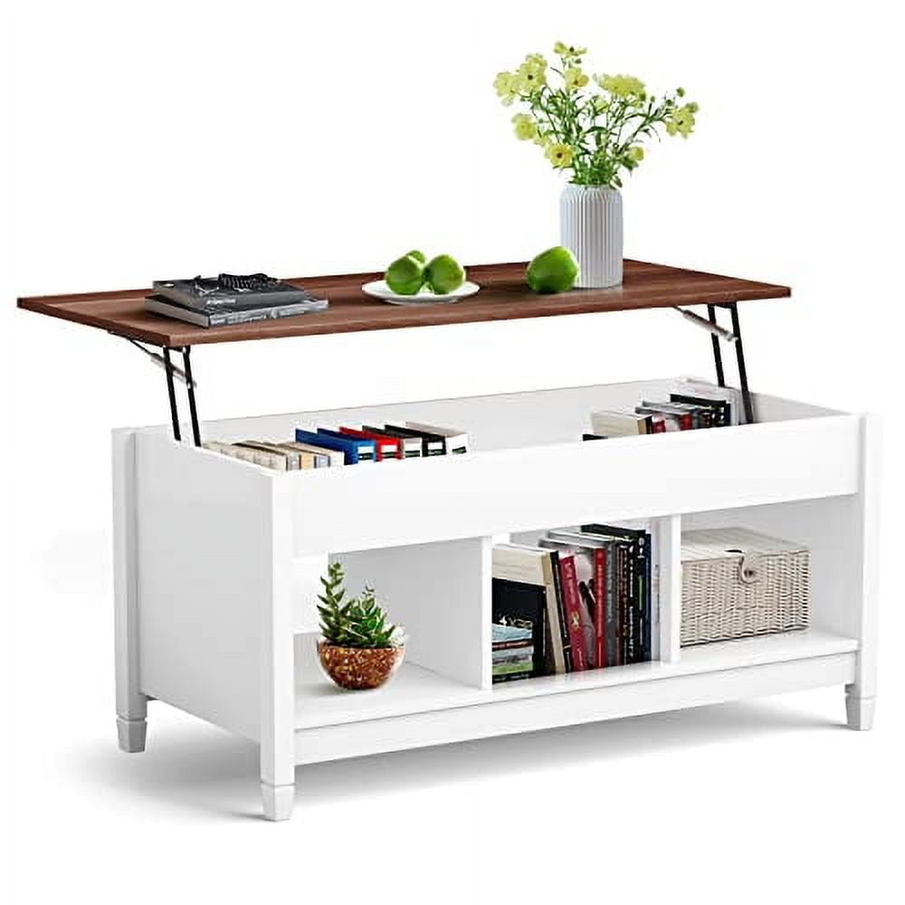 KOTEK Lift Top Coffee Table with Hidden Compartment & Open Shelves, Modern Coffee Table with ...