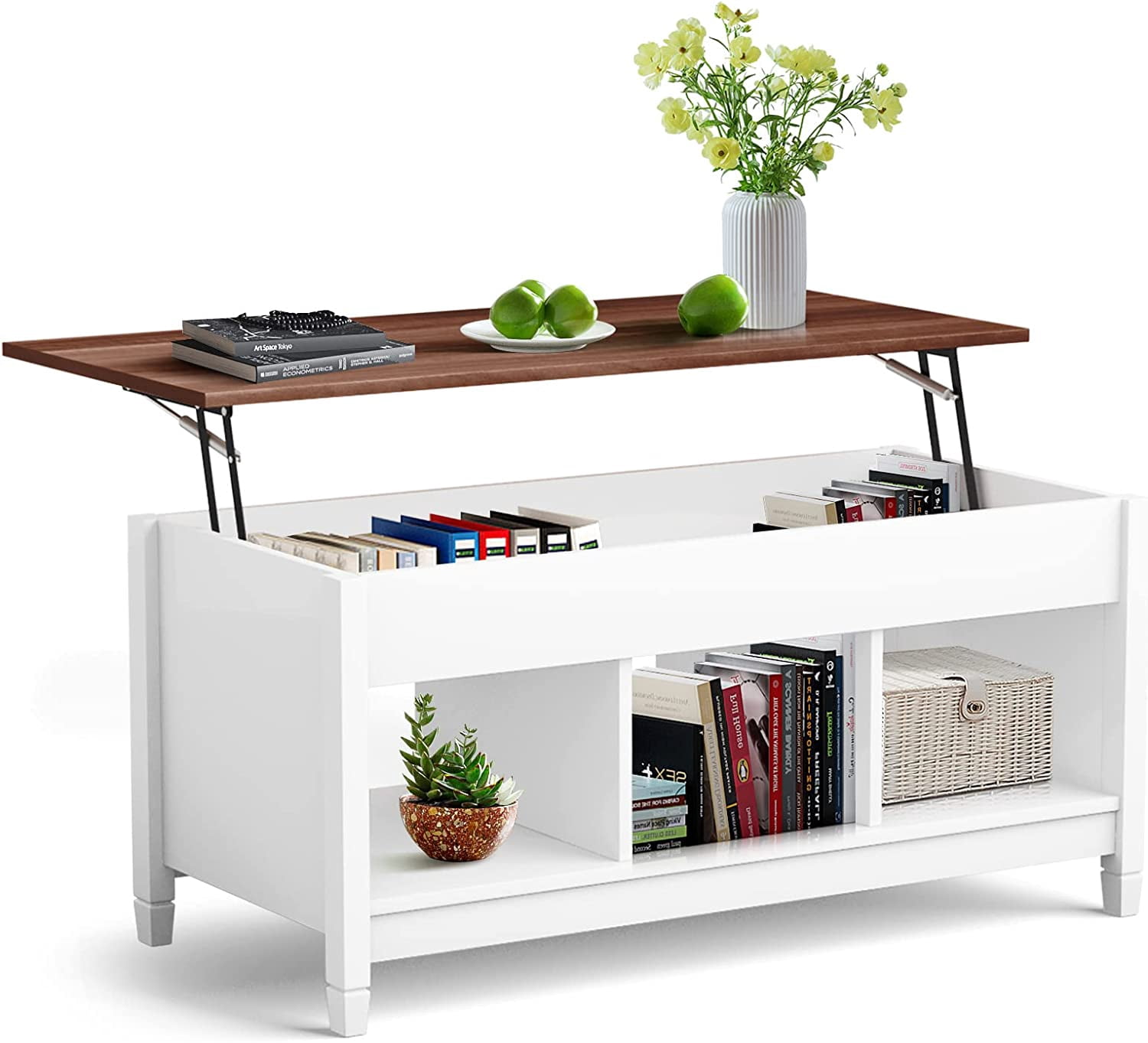 KOTEK Lift Top Coffee Table with Hidden Compartment & Open Shelves ...