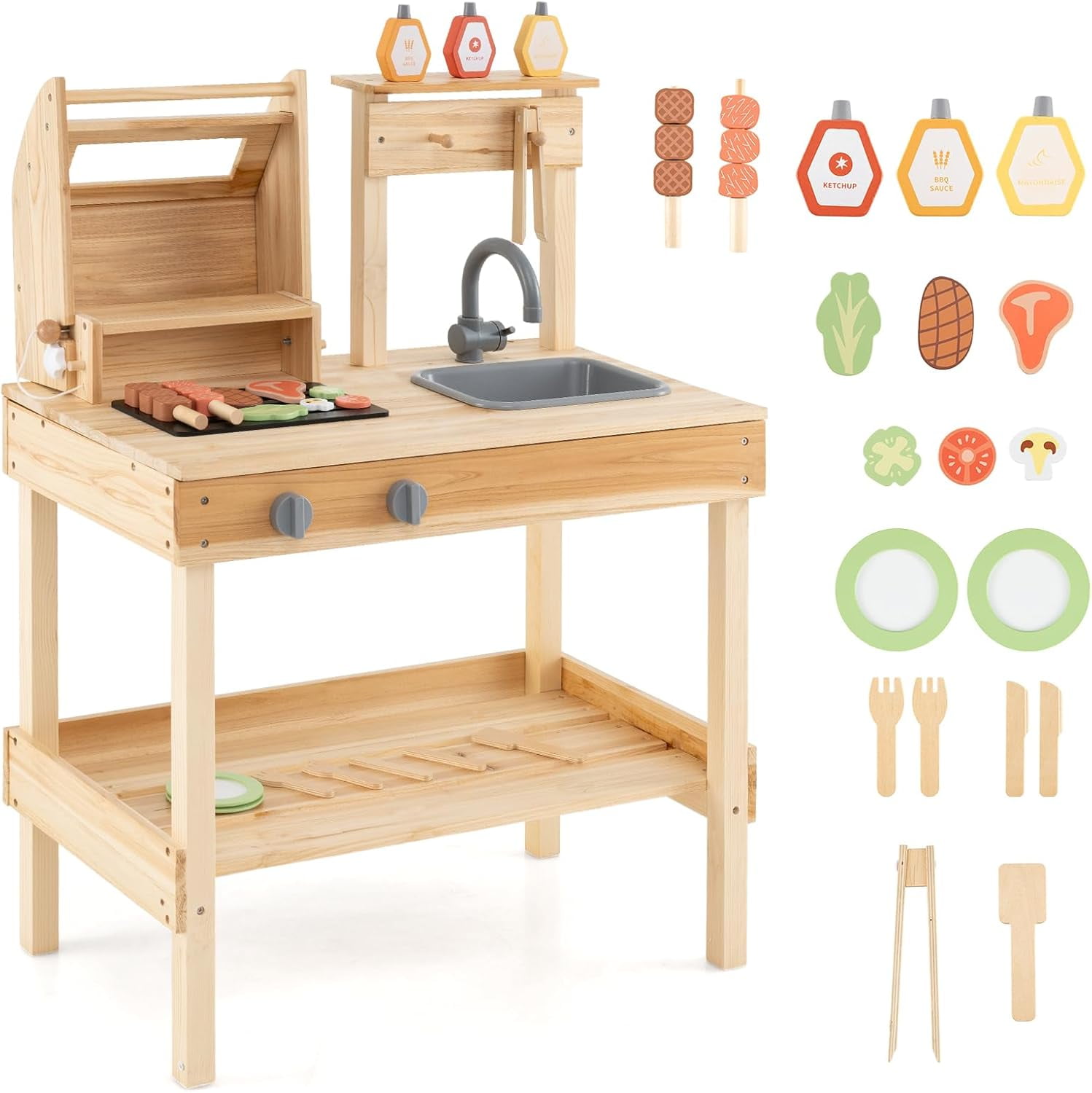 KOTEK Mud Kitchen with Shelf, Kids BBQ Grill Playset with Lid, Play ...