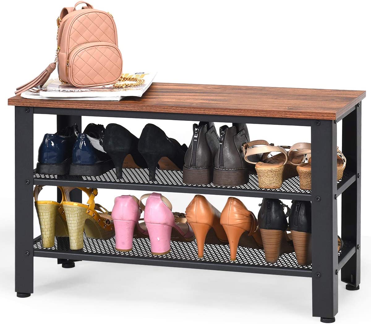 KOTEK Shoe Rack , 3-Tier Storage Organizer with Wooden Seat and Mesh ...