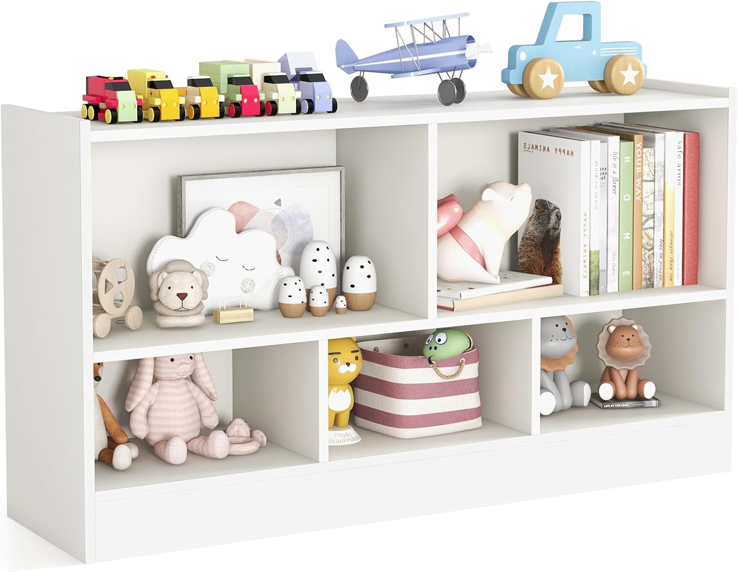 KOTEK Toy Storage Organizer, 5 Cubby Kids Bookshelf, Wooden 3-Tier ...