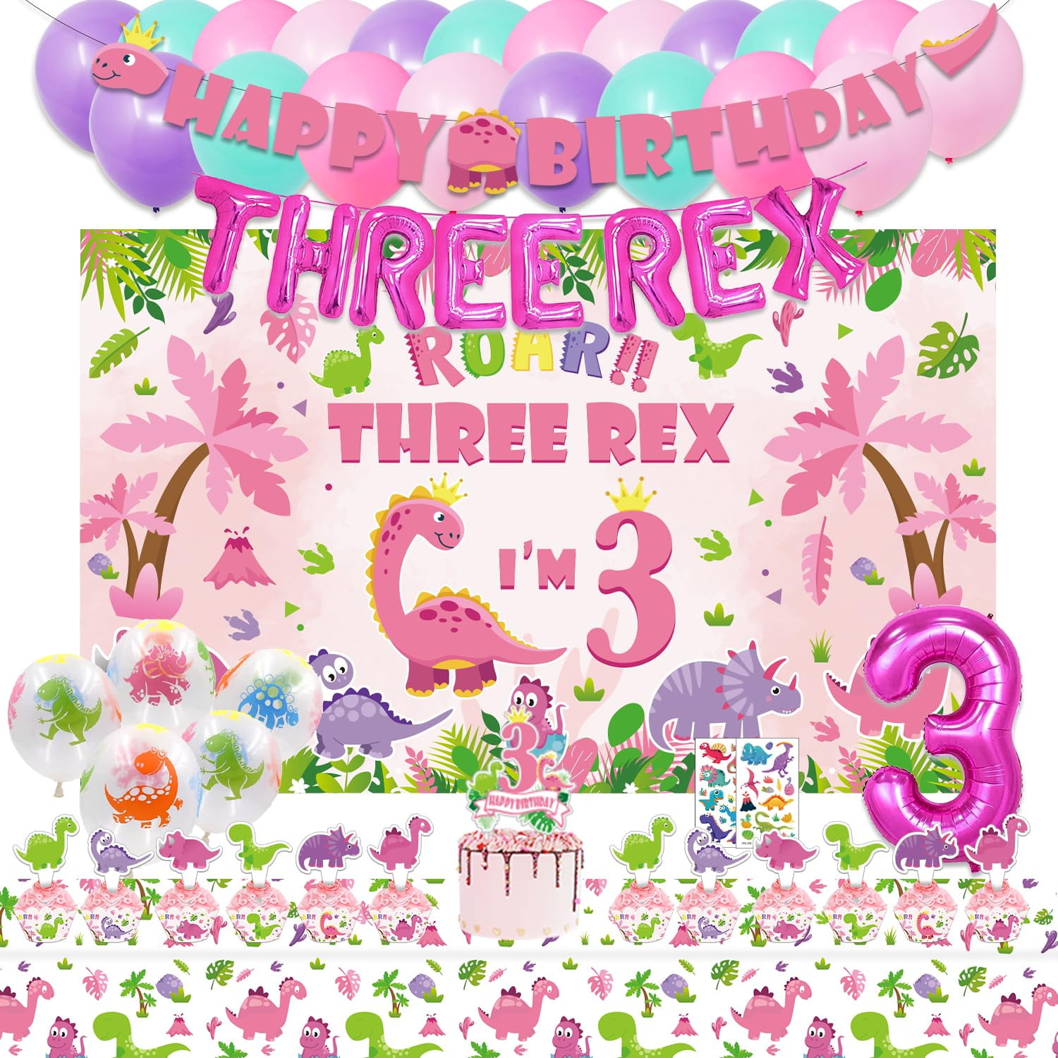 KOTLMIGHT Dinosaur Birthday Party MMF7 Supplies for 3 Year Three Rex ...