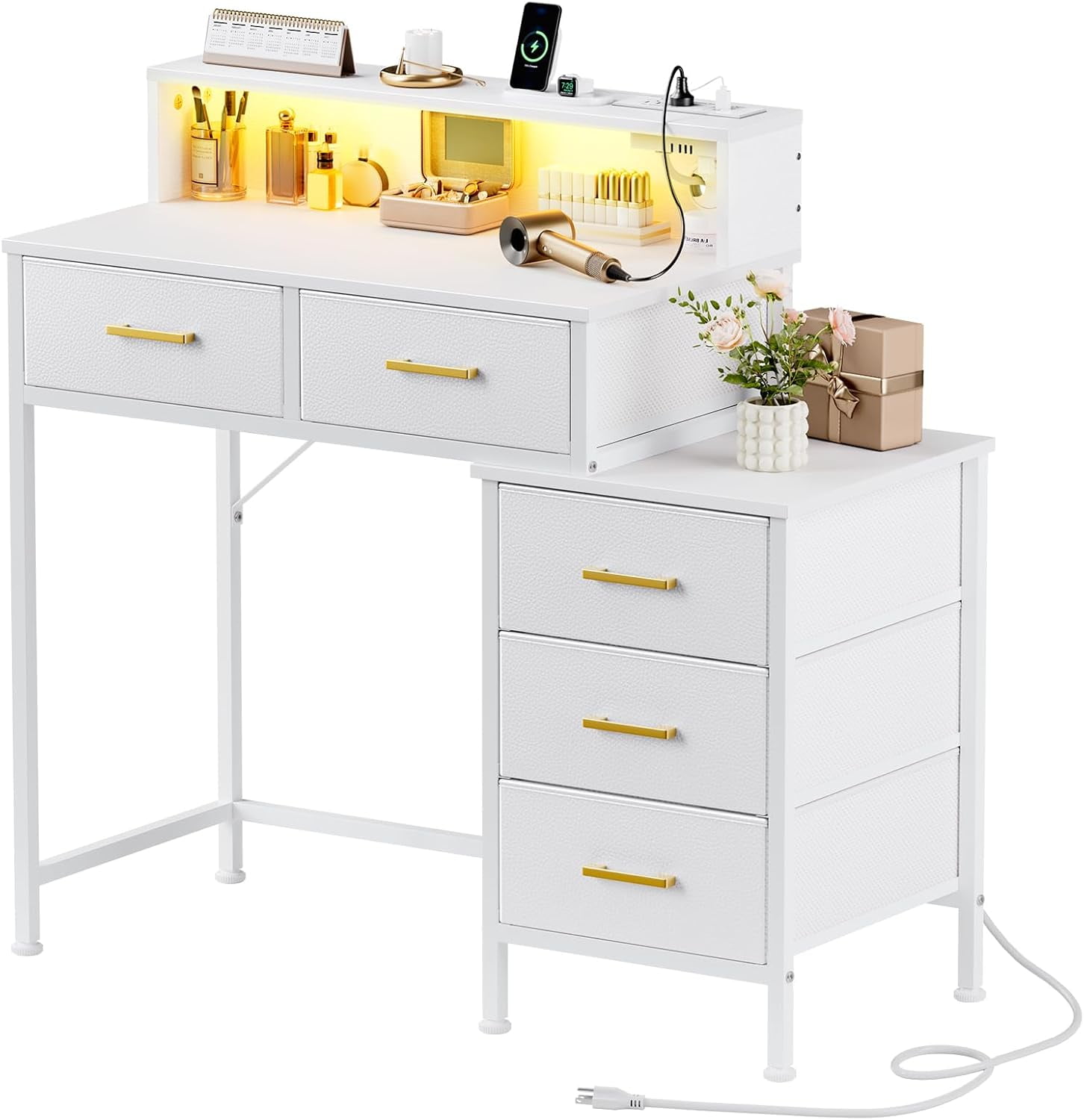 KOUSEI 37.4" Modern Vanity Desk No Mirror with 5 Fabric Drawers, Built ...