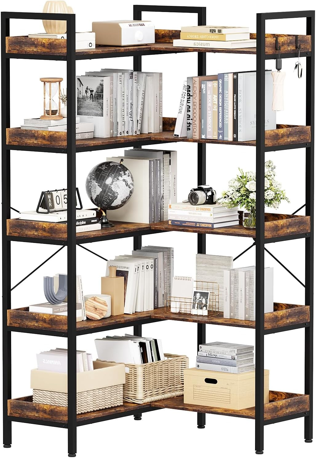 KOUSEI 5-Tier Bookshelf Reversible,Corner Bookcase 4 Hooks,65 ...