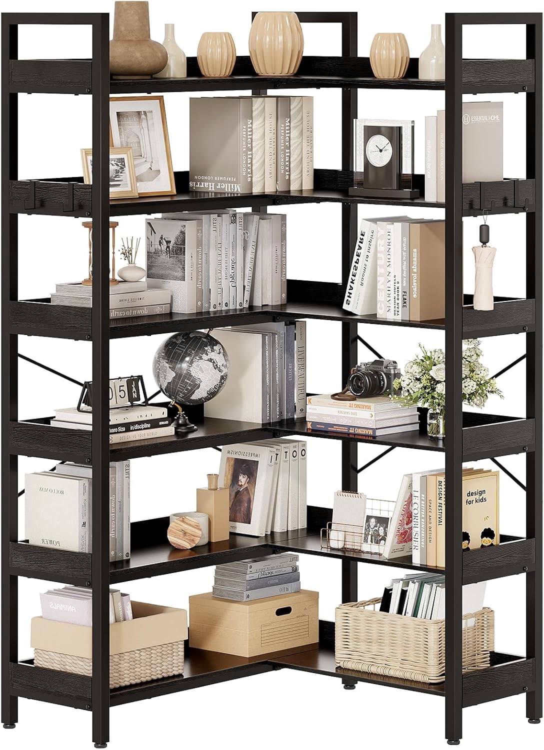 KOUSEI 6-Tier L-Shaped Reversible Corner Bookshelf, 69" Black ...
