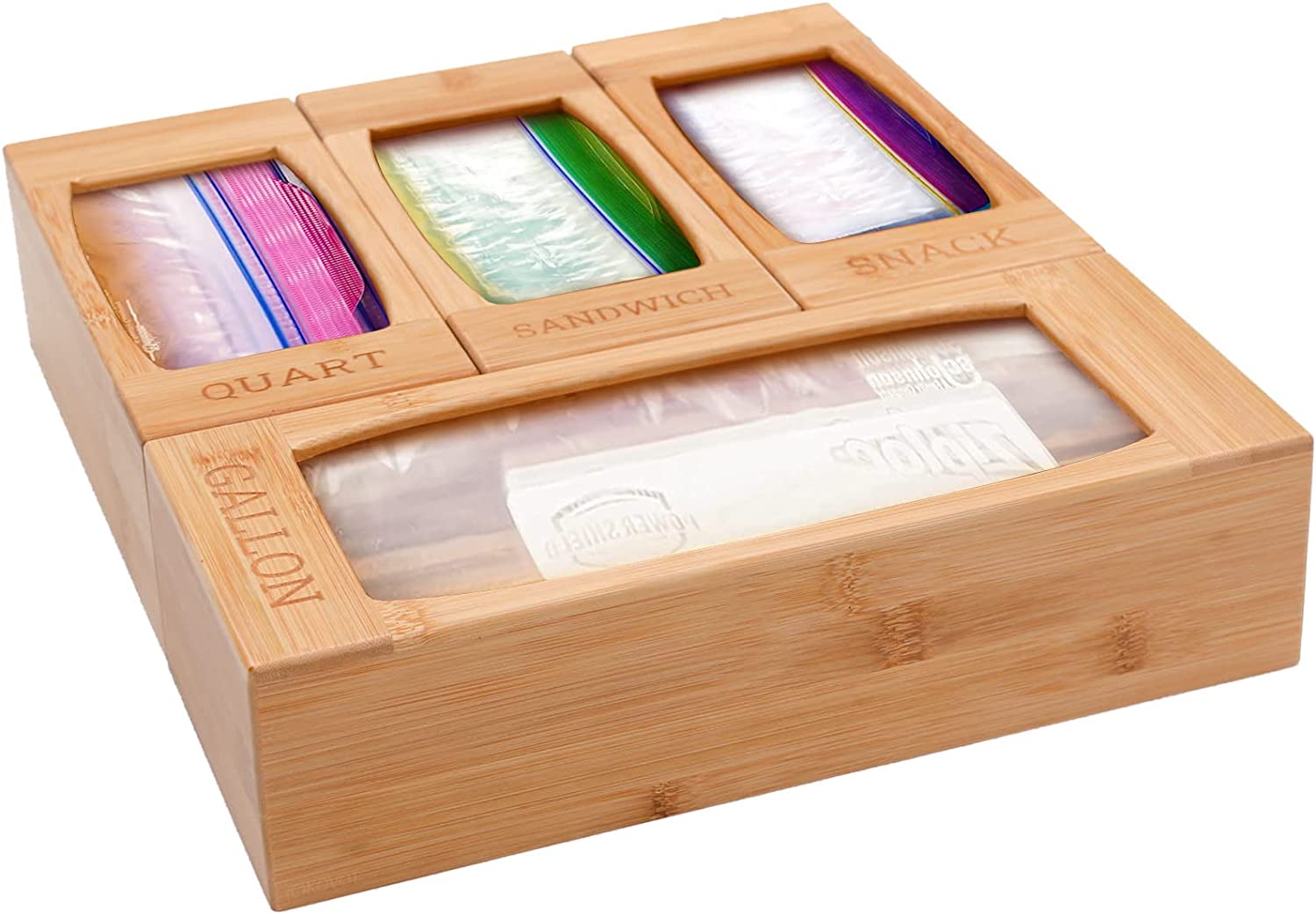 KOVOT Bamboo Ziplock Bags Drawer Organizer – Bamboo Wood Storage ...