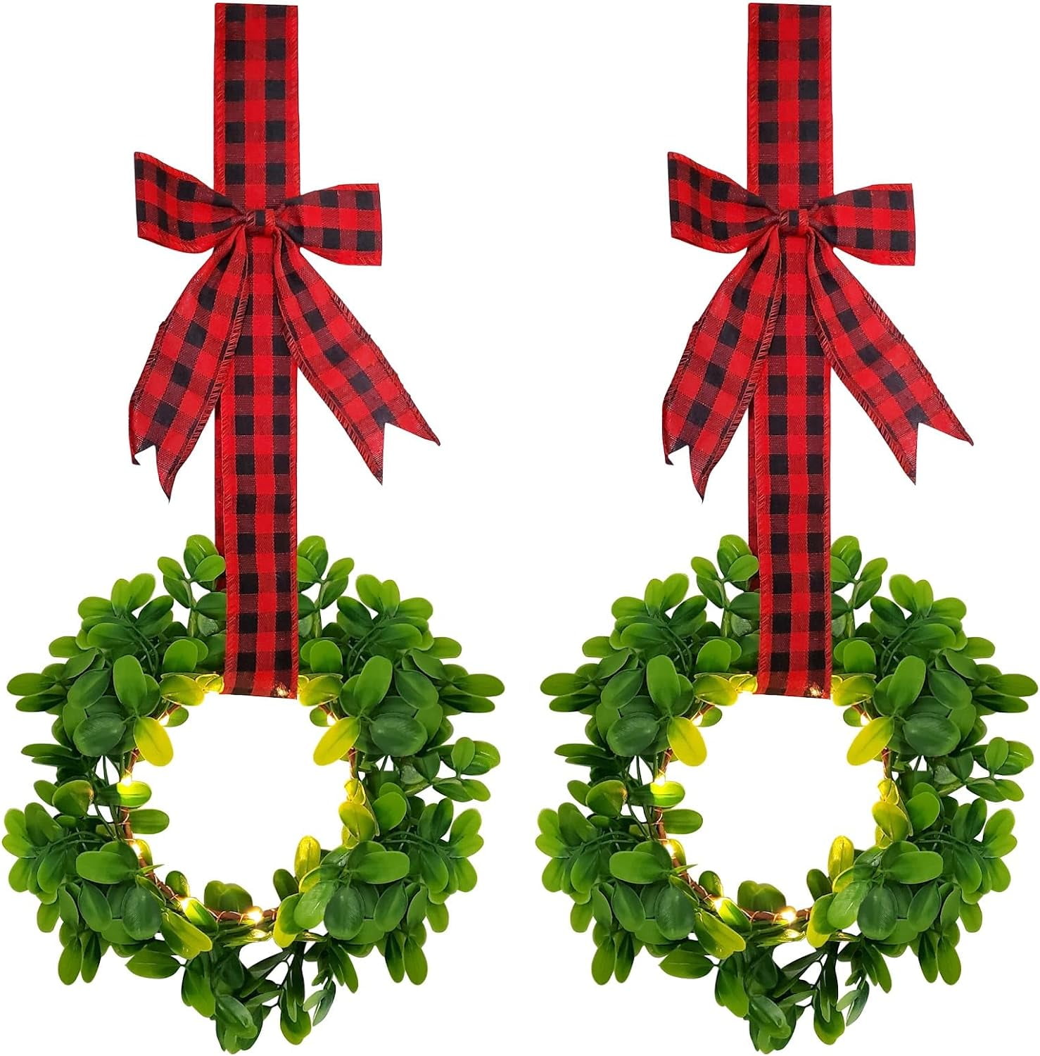 KOVOT Set of 2 Hanging Wreaths with Lights and Plaid Ribbon Bow ...