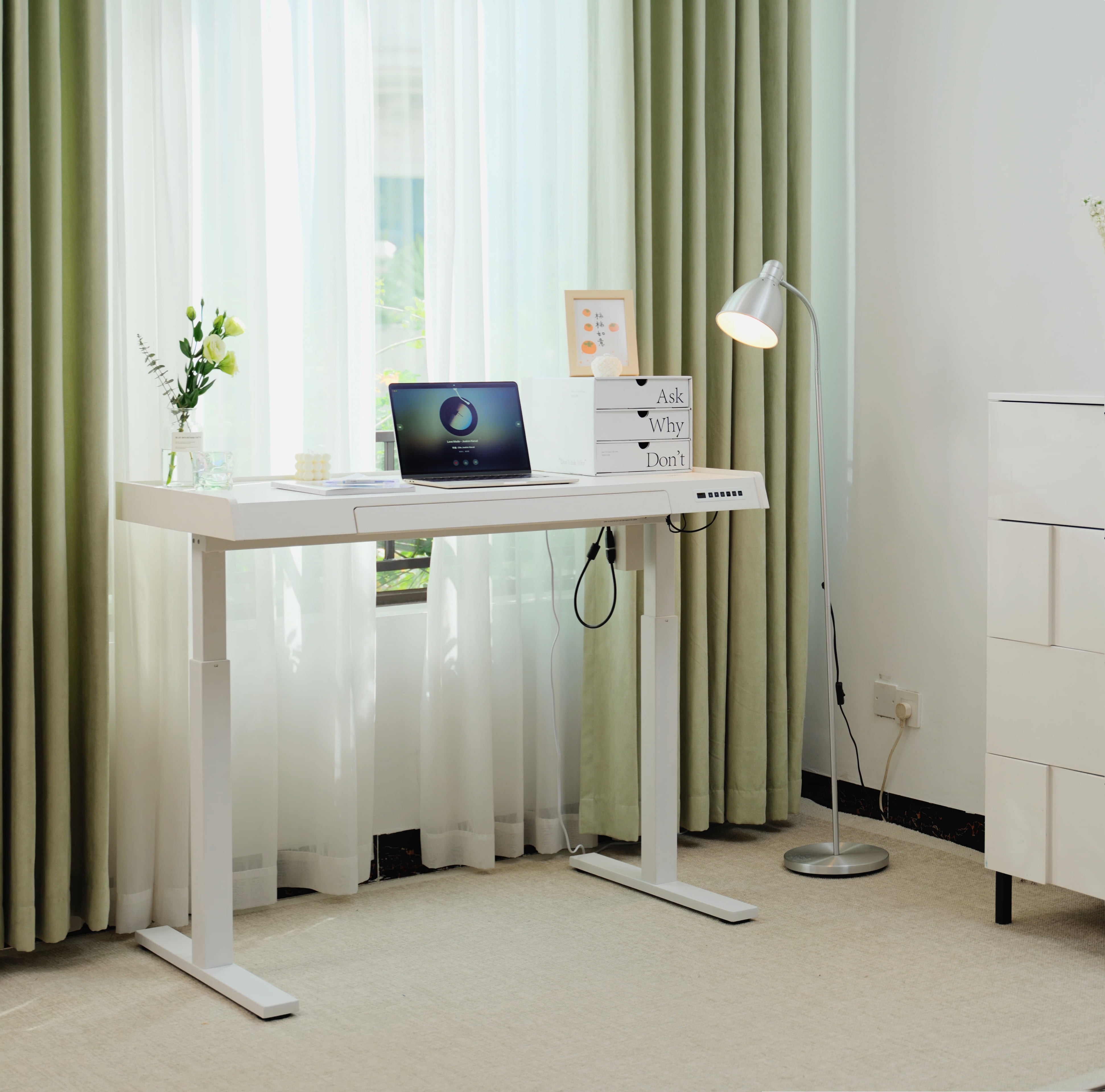 KOWO White 48" Power Lift Raising Desk with Storage, Electric Height ...