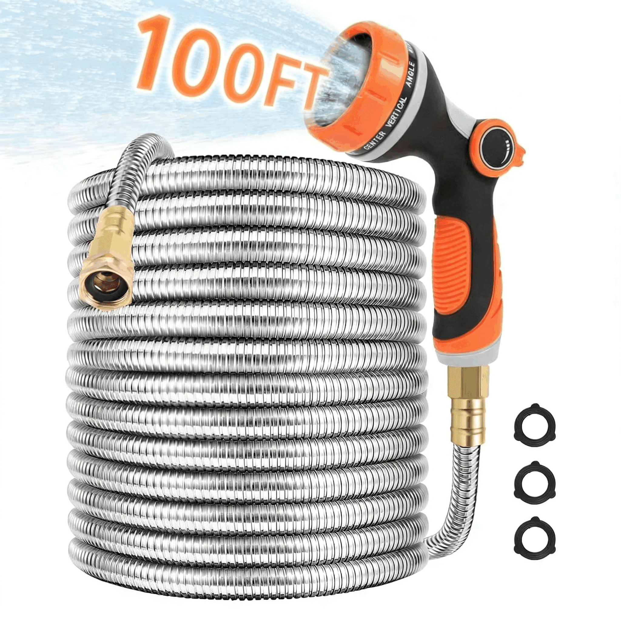 KOYMISKU Garden Hose 100FT, Stainless Steel Water Hoses with 10-Mode ...