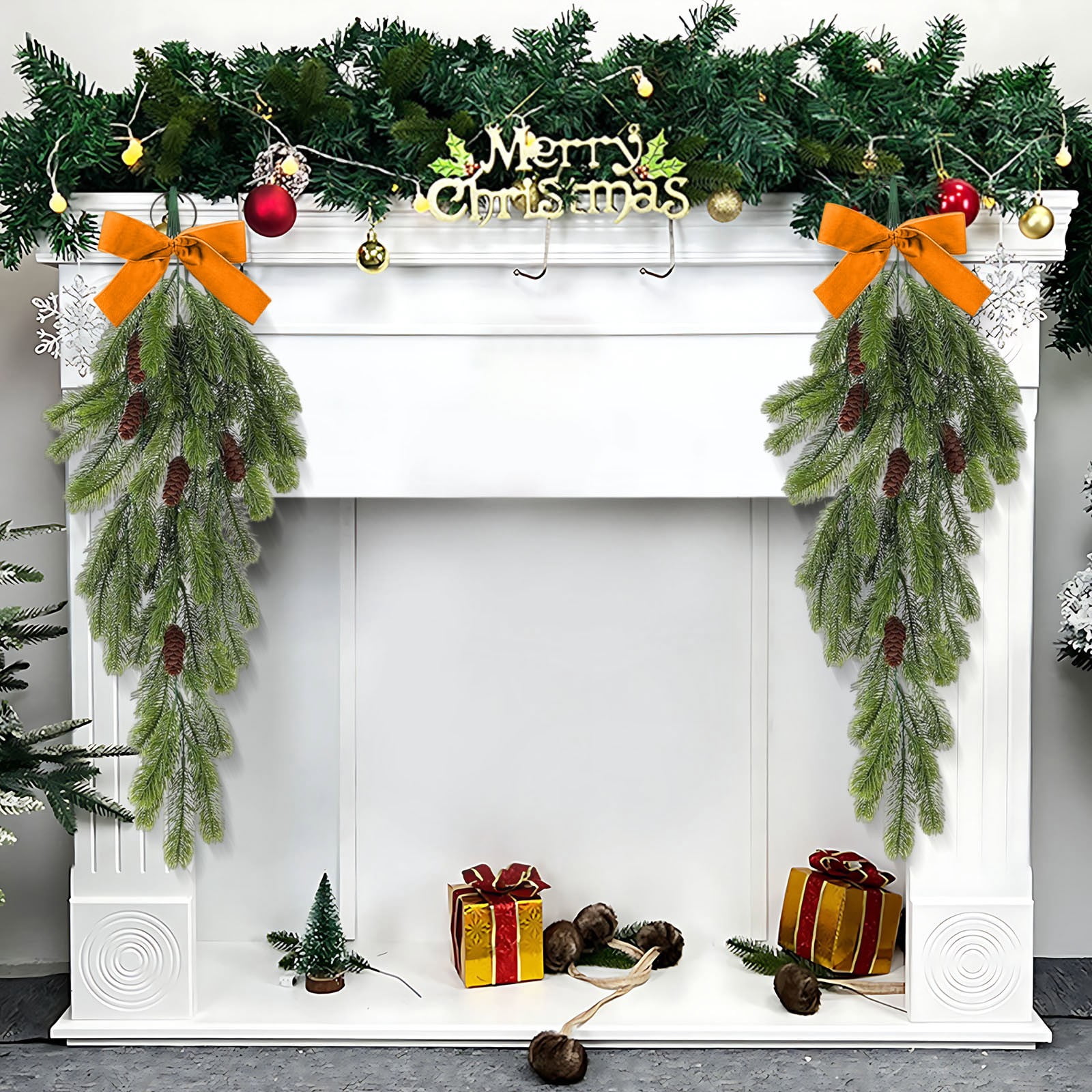 KOYPTL 2pcs-Christmas Teardrop Swags with Velvet Bow,28 Inch Rustic ...