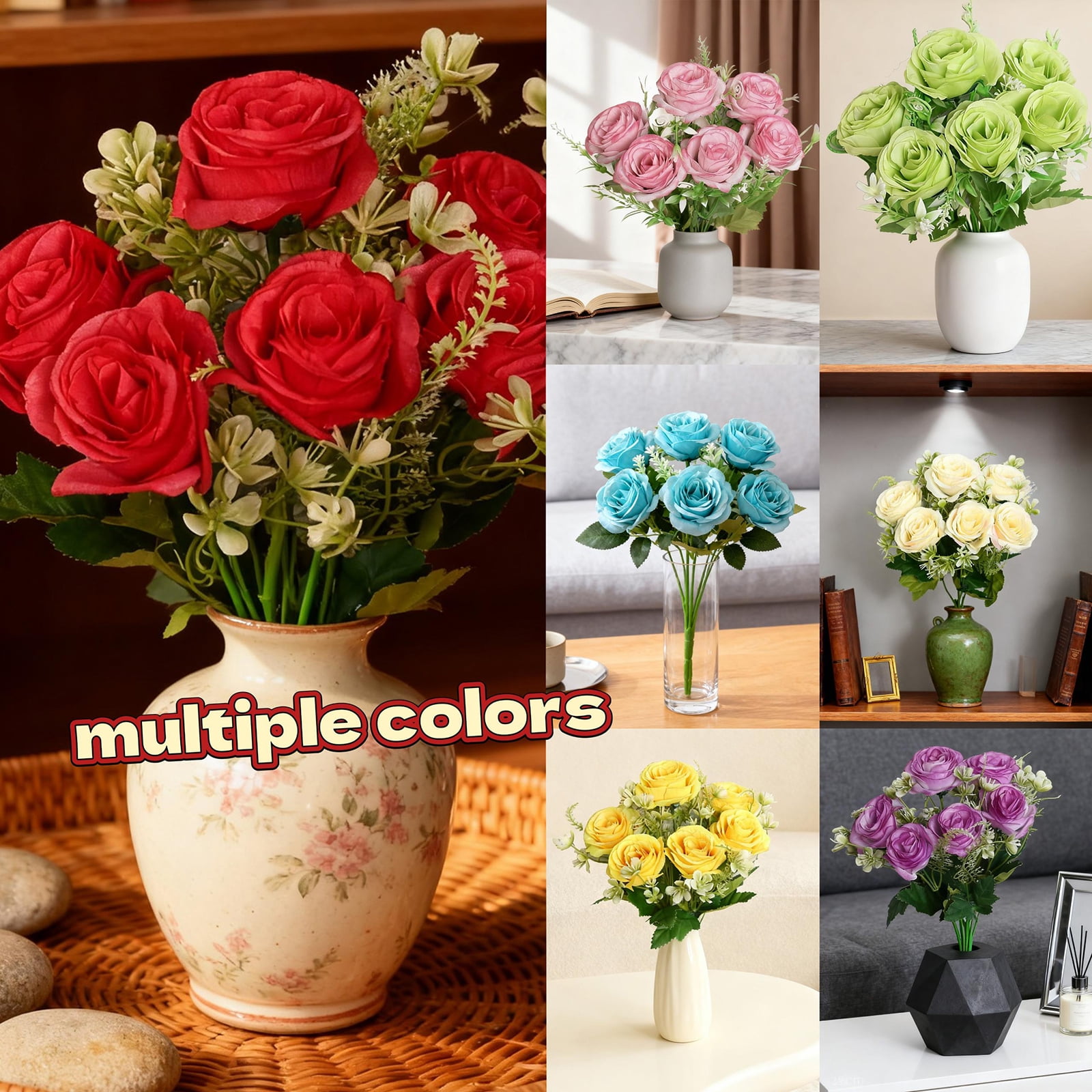 KOYPTL Artificial Flowers,2 Pack Rose Artificial Flowers Bouquet,6 Silk ...