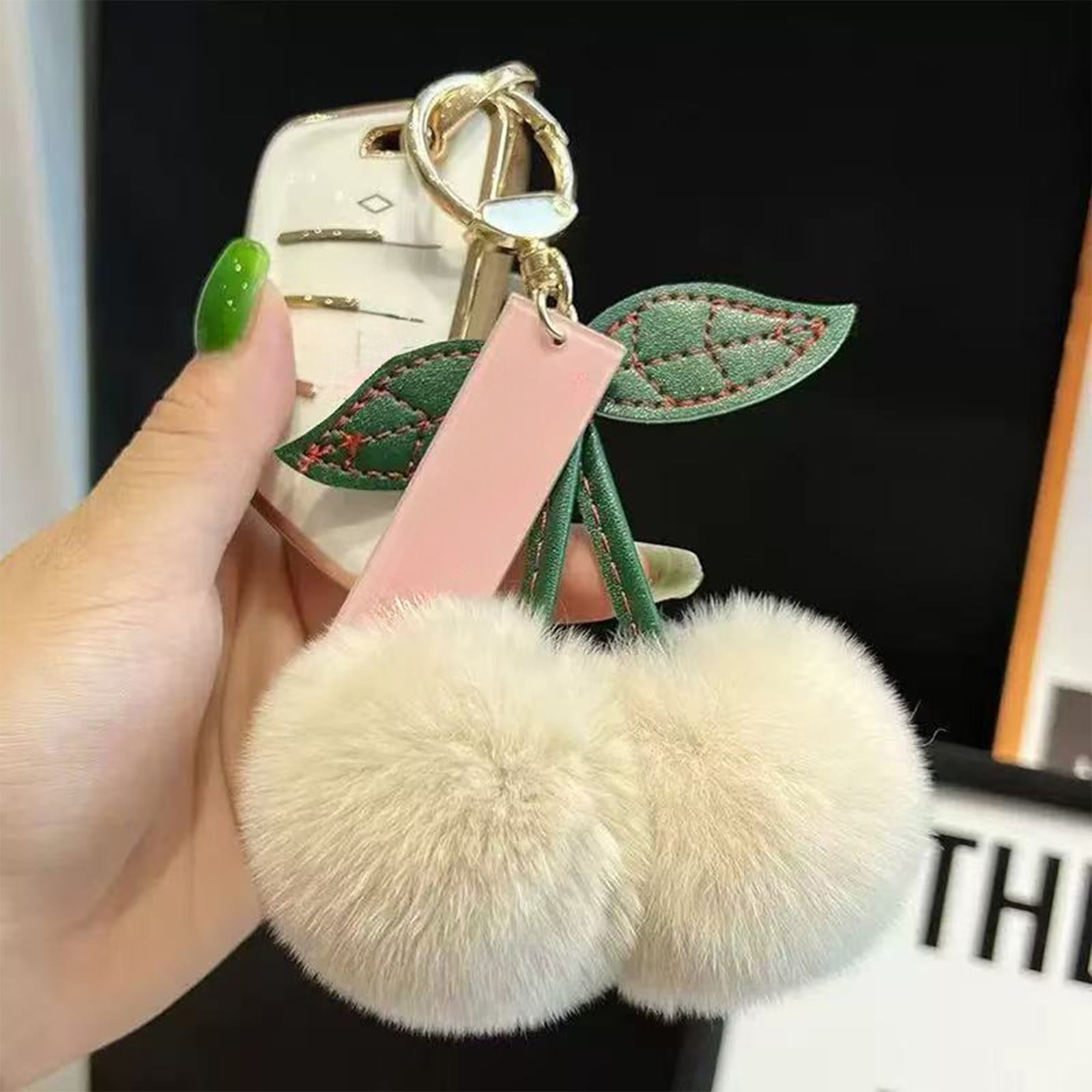 KOYPTL Cherry Pom Pom Keychain for Women Fluffy Car Keychain Pompom Key ...