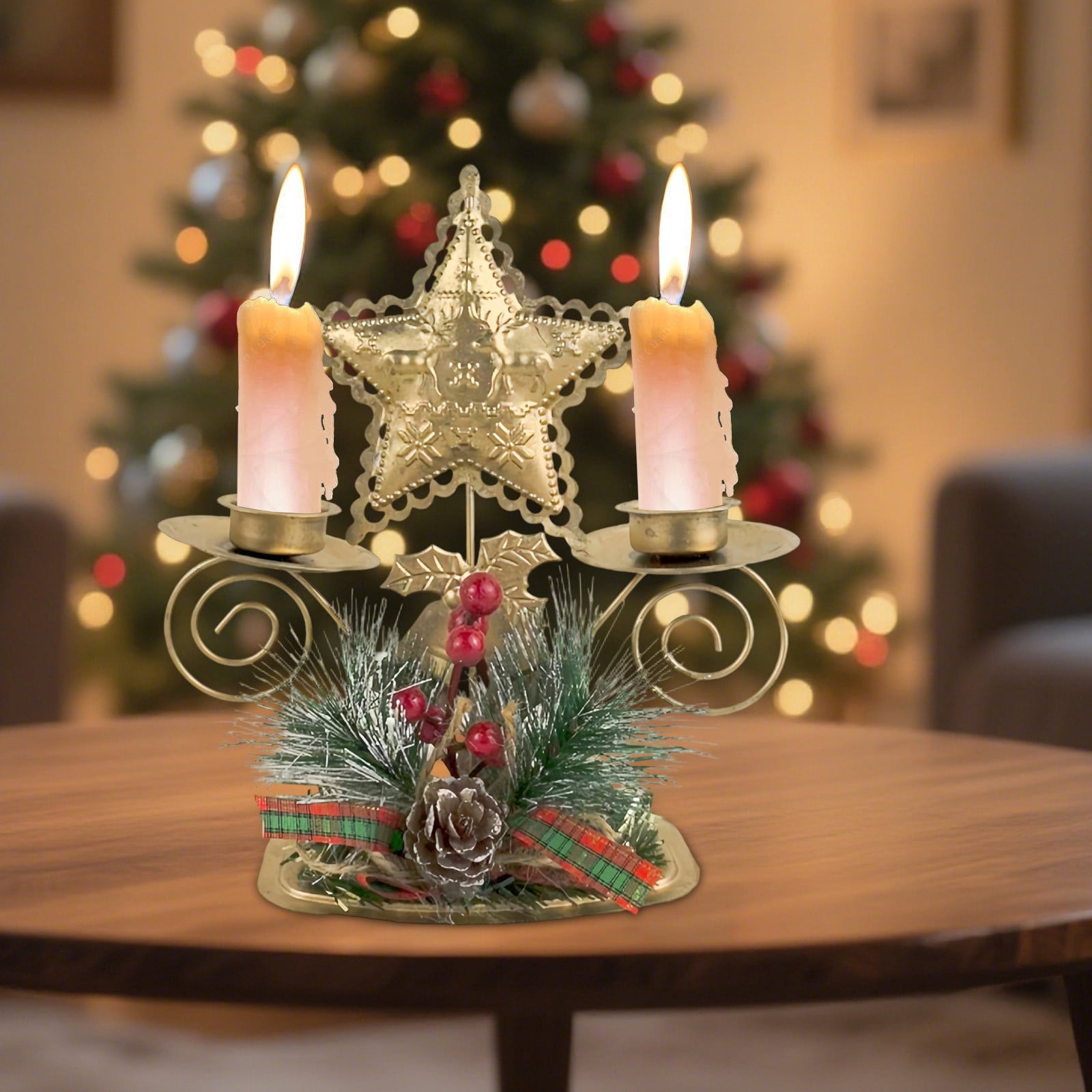 KOYPTL Christmas Double Candlestick Decorations,Golden Iron Candle ...