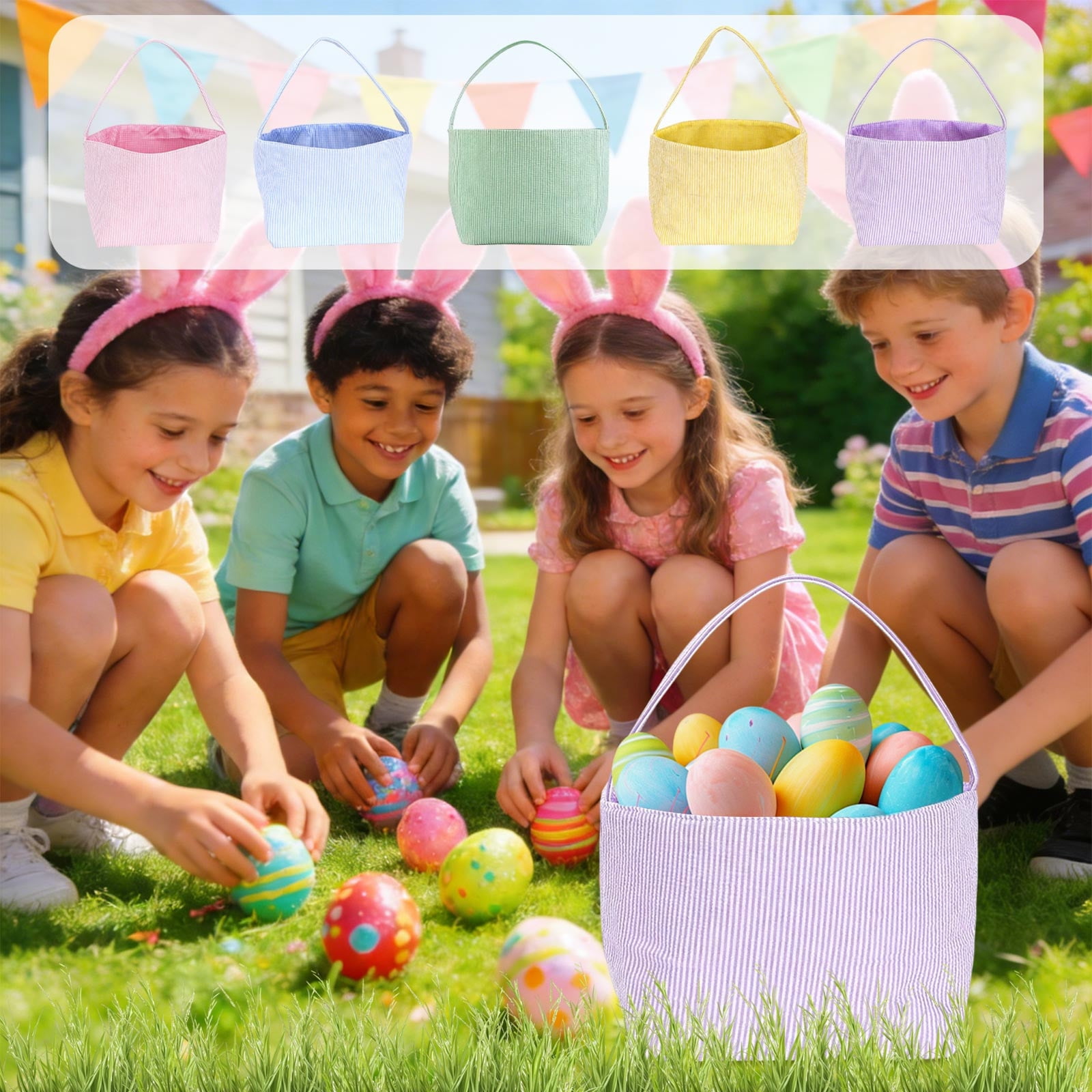 KOYPTL Easter Bunny Basket with Reinforced Handle Round Buckets Tote ...