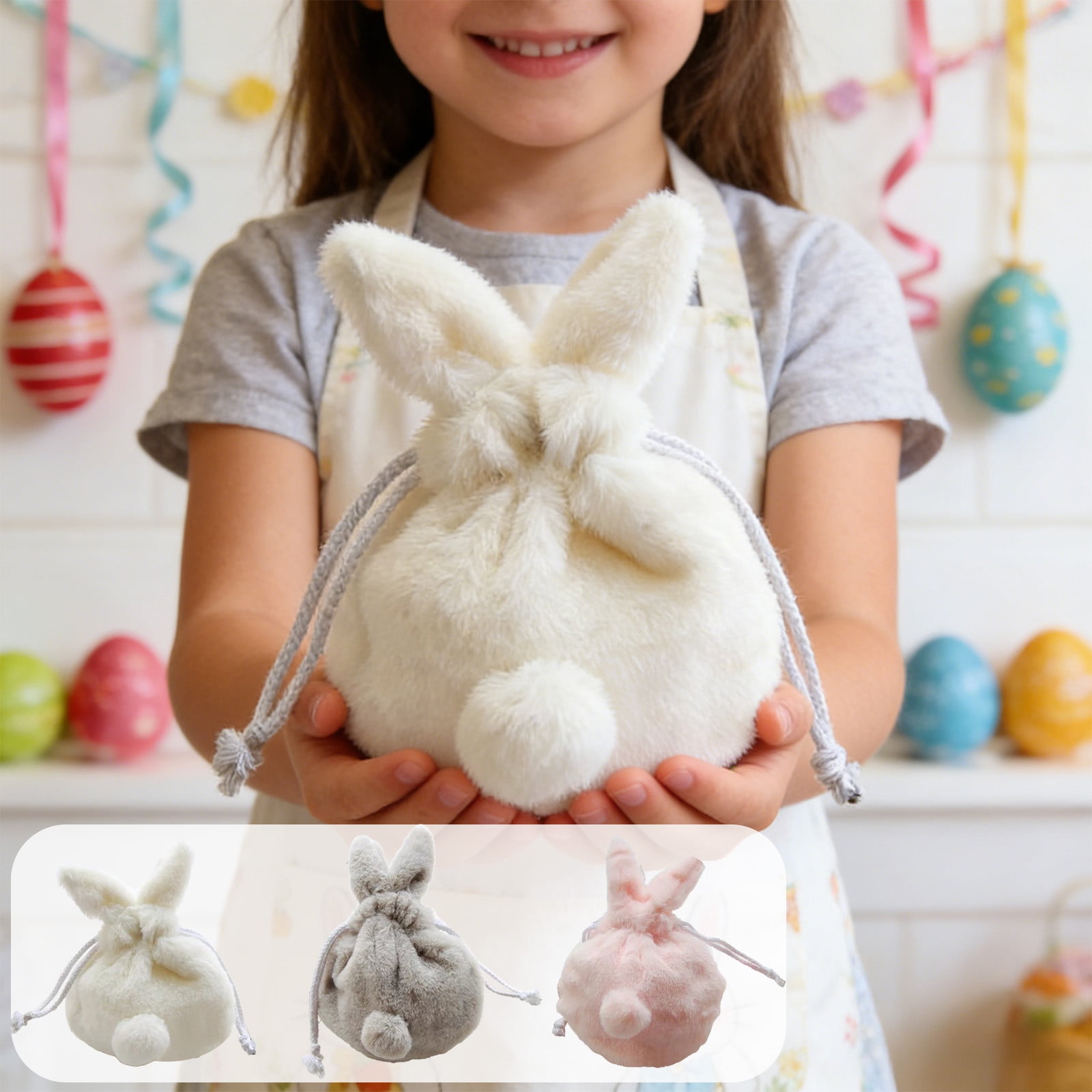 KOYPTL Easter Bunny Storage Bag Fluffy Plush Bunny Drawstring Bag Gifts ...