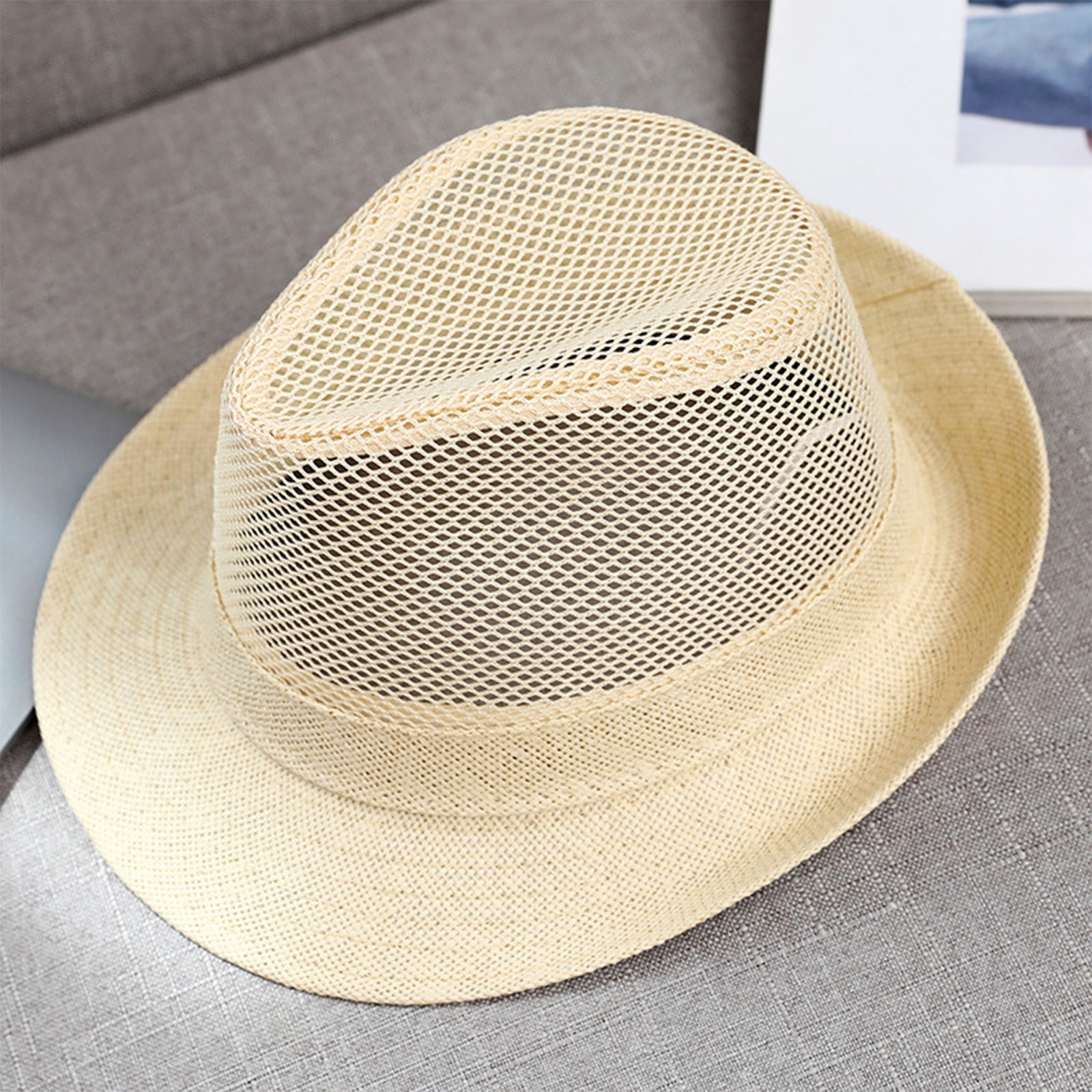 KOYPTL Men Fedora Hat Mesh Panama Sun Hat Summer Trilby Hat Short Brim ...