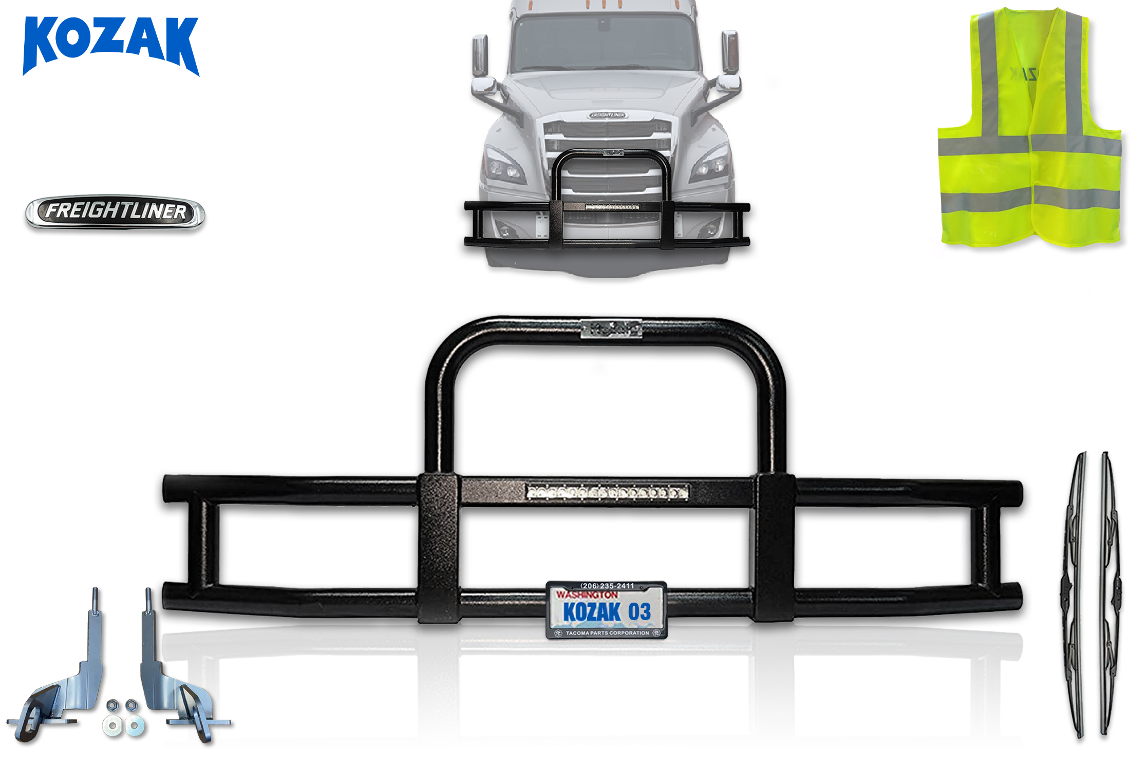 KOZAK BLACK Grille Deer Moose Brush Bumper Guard with Built in 16'' LED ...