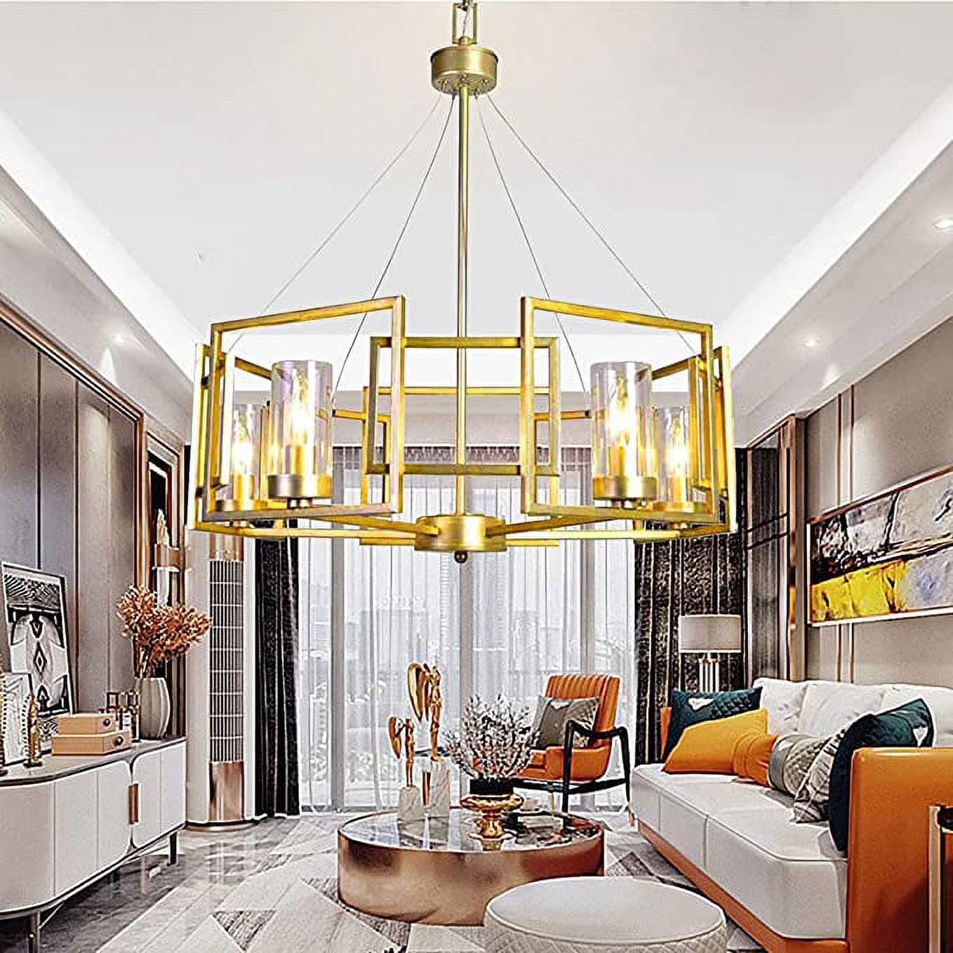 KPIBEST 22”Modern Drum Checkered 4-Lights Luxury Gold Chandelier, Farmhouse Chandeliers for ...