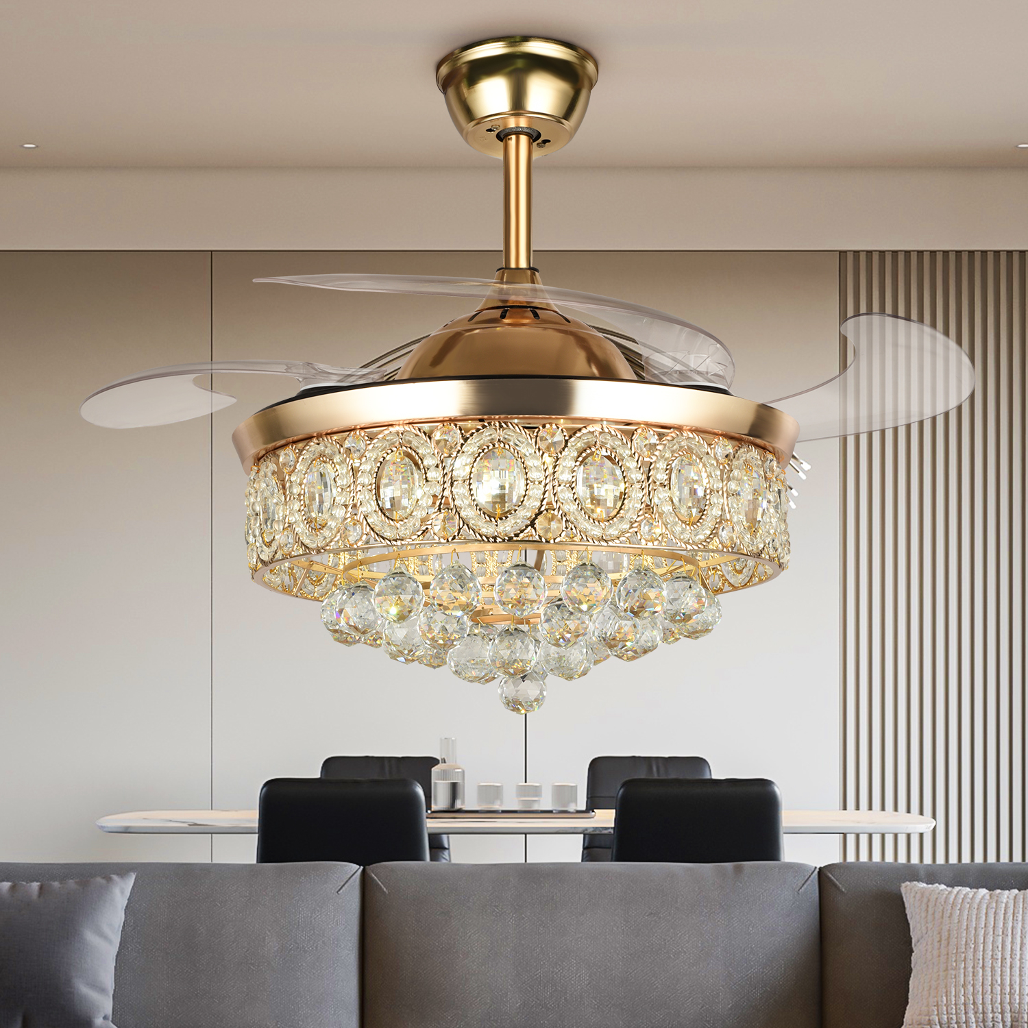 KPIBEST 42" Crystal Ceiling Fan with Light,Light luxury living room ...