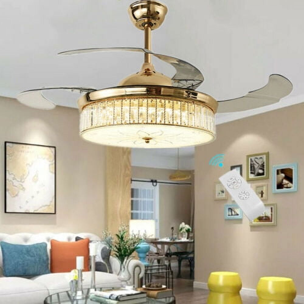 Kpibest 42" Gold Crystal Retractable Ceiling Fan with Lights Dimmable ...
