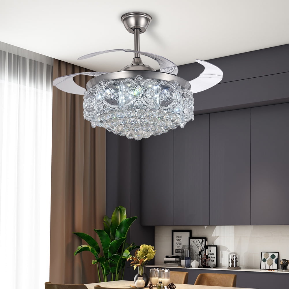 KPIBEST 42" Crystal Chandelier with Fan, Remote, Retractable Blades, 3 ...