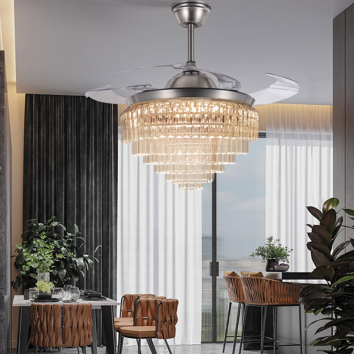 KPIBEST 42" Crystal Chandelier Fan with Retractable Blades,Luxury ...
