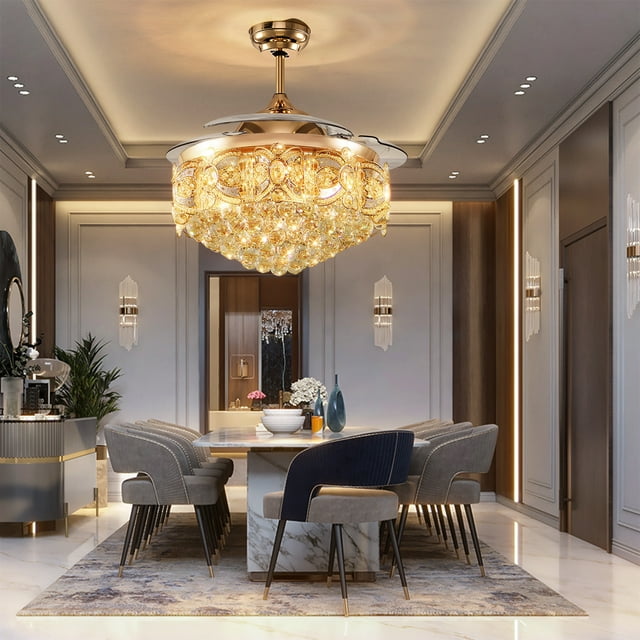 KPIBEST 42" Crystal Fandeliers Gold Finish Chandelier with Fan Remote ...